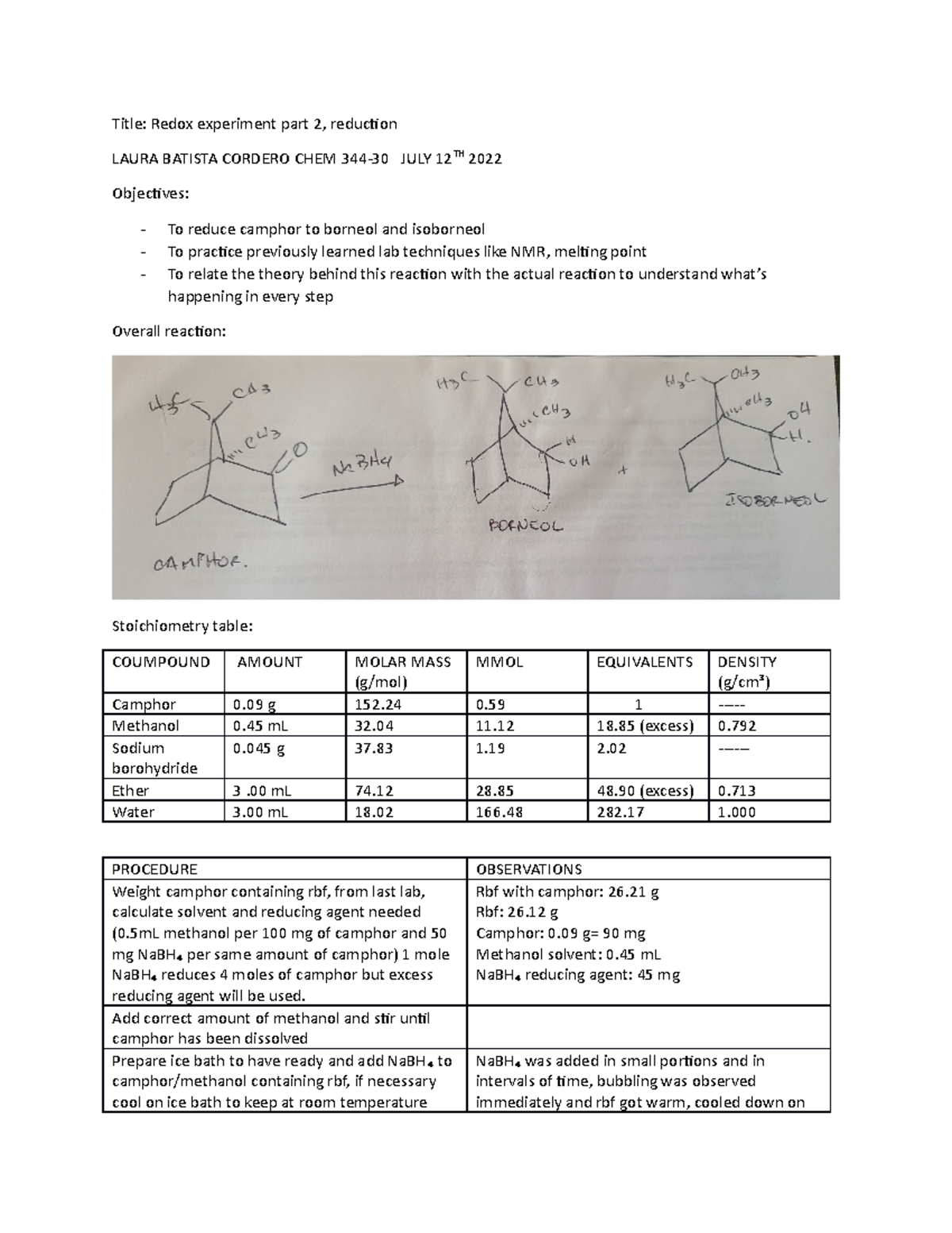LAB Report 2 - Title: Redox experiment part 2, reduction LAURA BATISTA ...