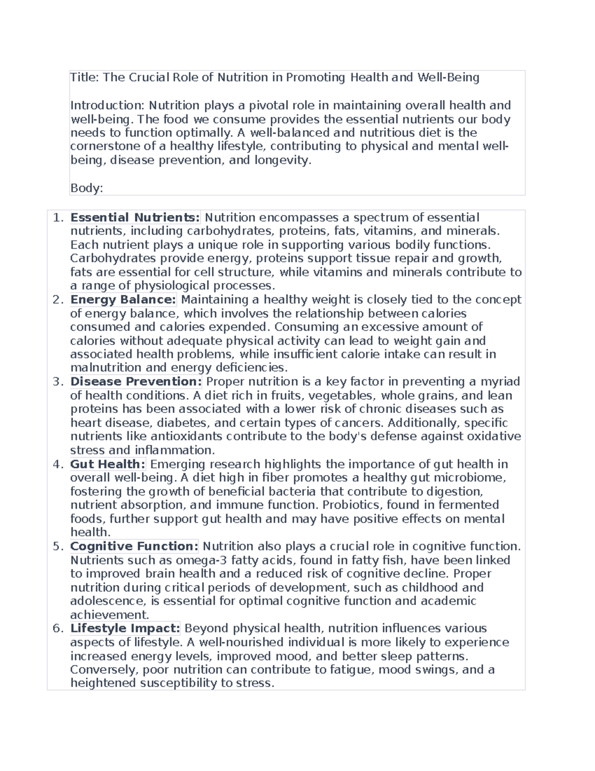 nutrition summary - Title: The Crucial Role of Nutrition in Promoting ...