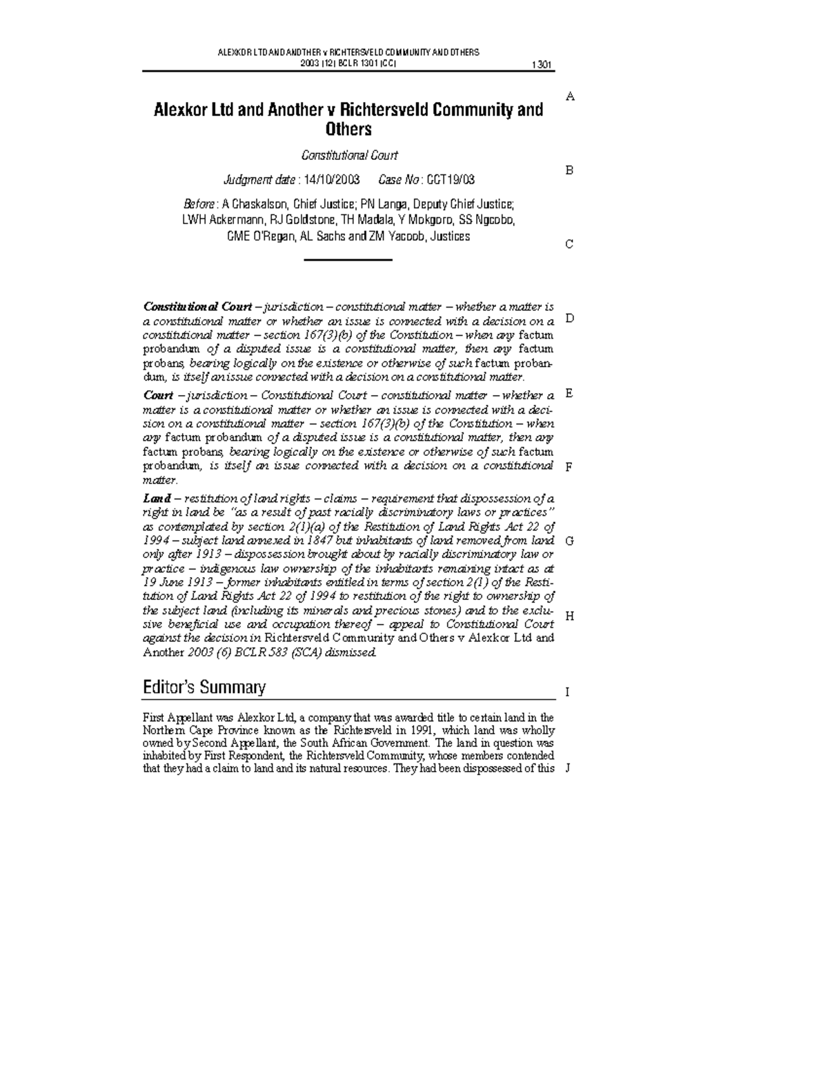 Alexkor Ltd and Another v Richtersveld Community and Others 2003 (12 ...