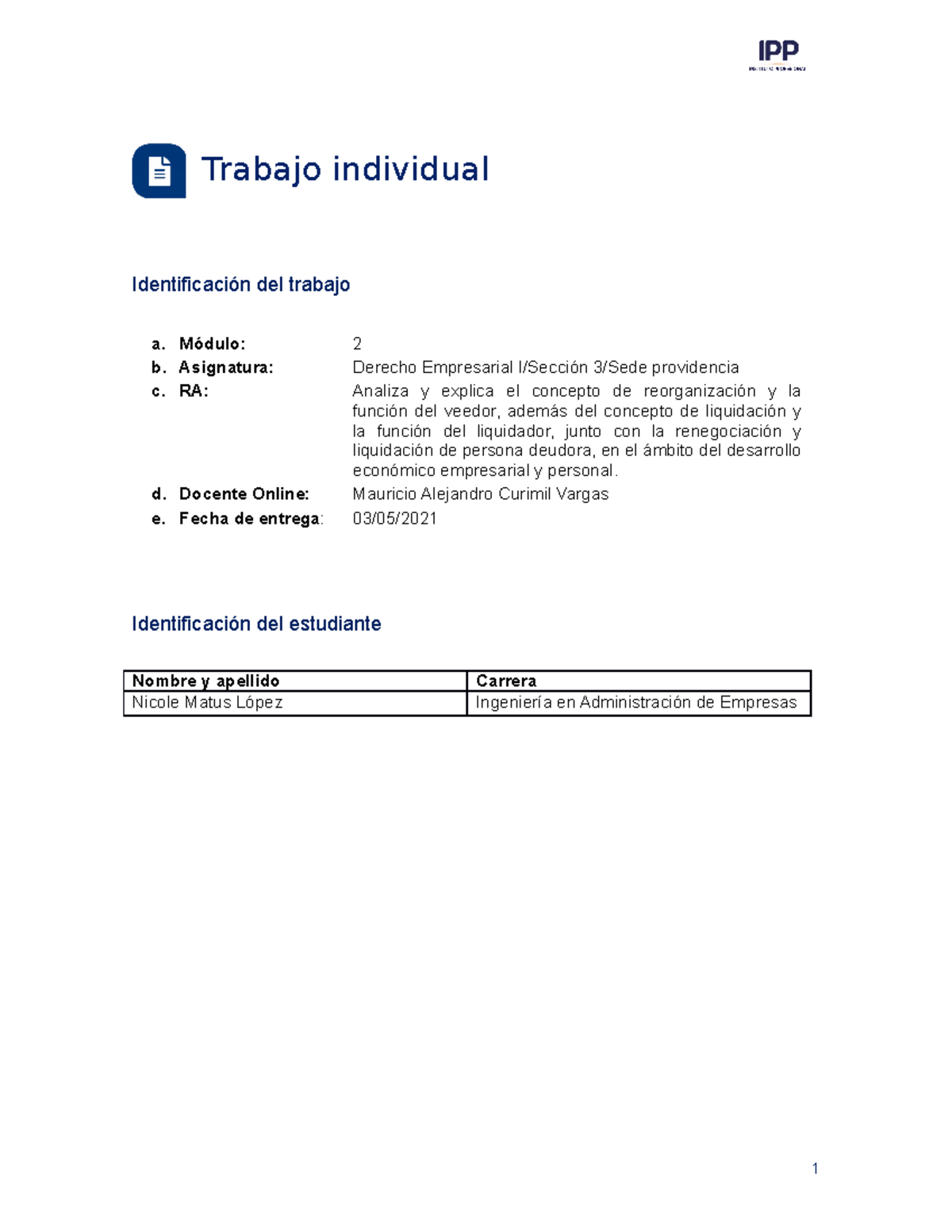 Nicole Matus TIM2 Derecho Empresarial I - Trabajo individual ...