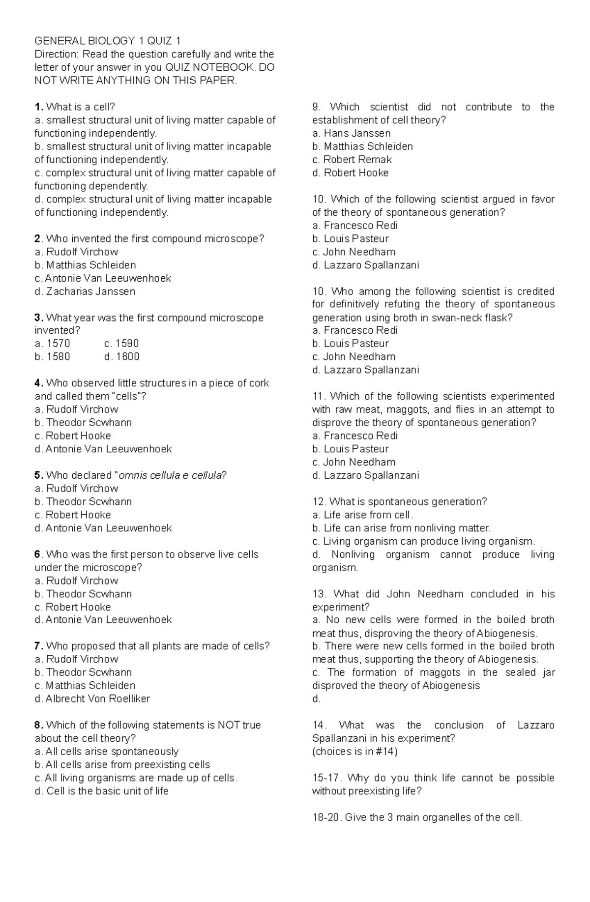 General Biology 1 QUIZ 1 - GENERAL BIOLOGY 1 QUIZ 1 Direction: Read the ...