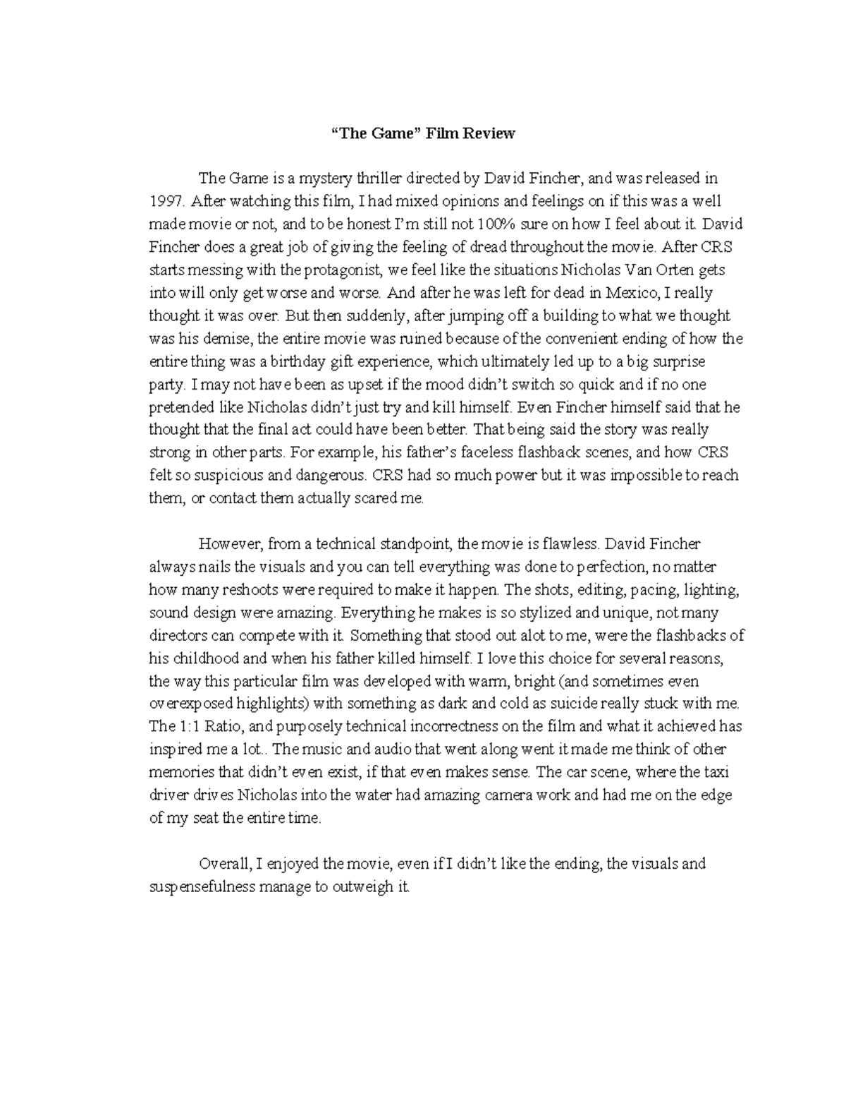 The Game Film Review - “The Game” Film Review The Game is a mystery ...