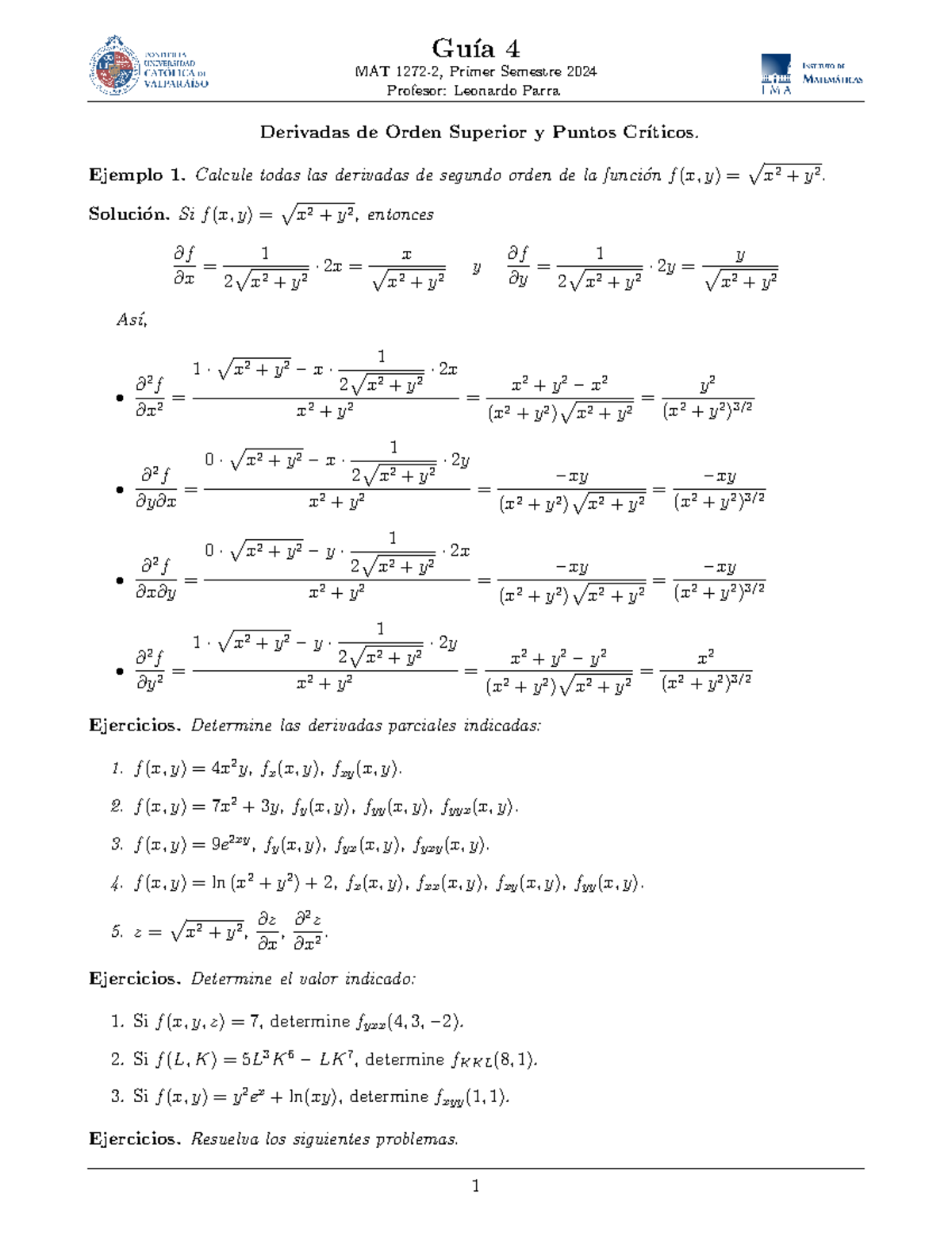 Guía 4 - qwef - Gu ́ıa 4 MAT 1272-2, Primer Semestre 2024 Profesor ...