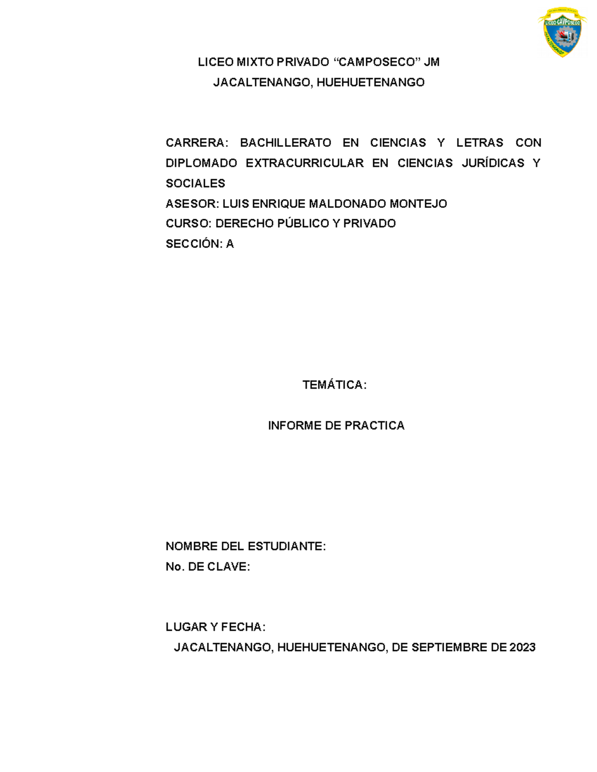 Informe DE Práctica Diplomado 2023 3 - LICEO MIXTO PRIVADO “CAMPOSECO ...