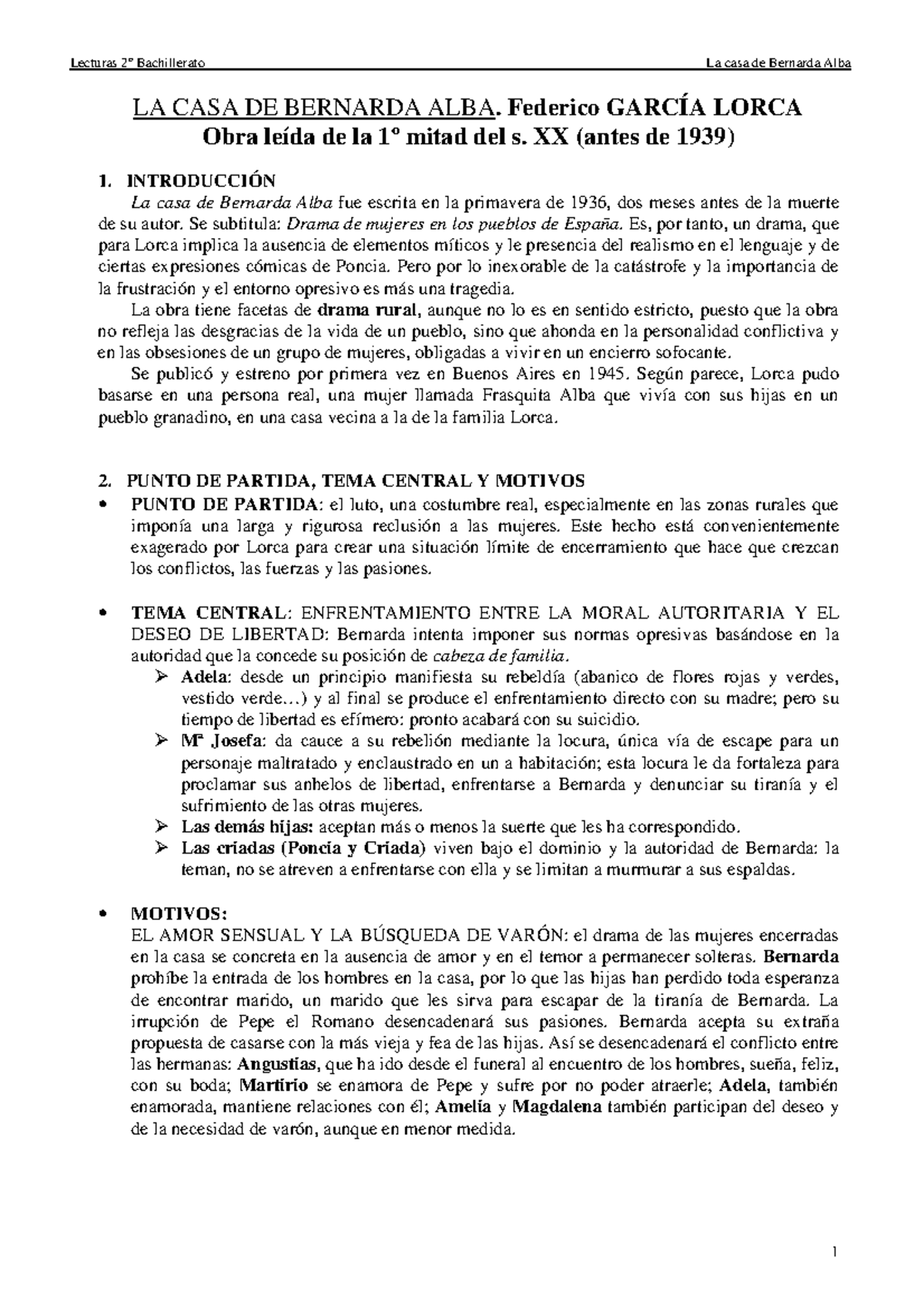 LA CASA DE Bernarda Resumen Esquema - LA CASA DE BERNARDA ALBA ...