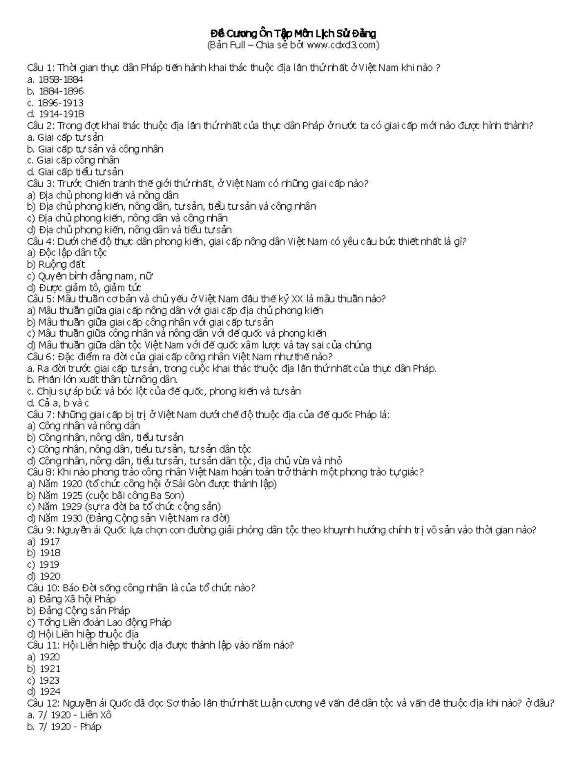 Tailieuxanh cdxd3 com cau hoi trac nghiem full lich su dang doc 9392 - Đ ề C ươn g Ôn T ập Môn L ...