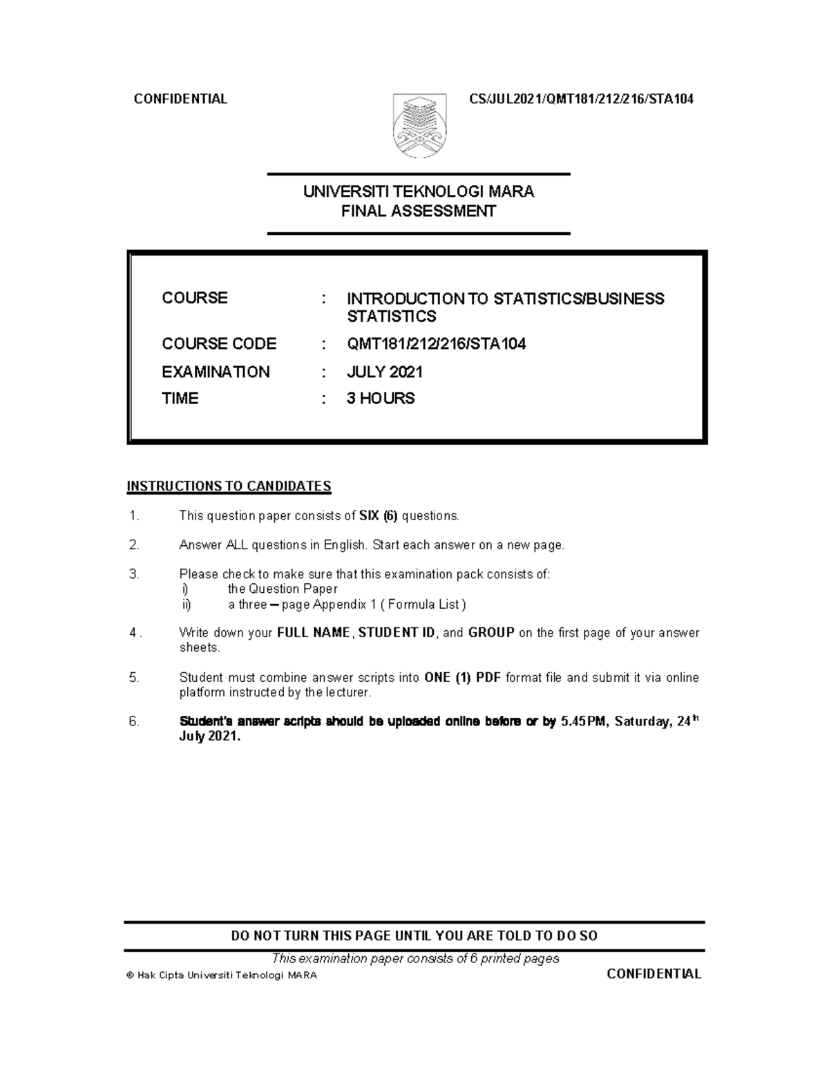 STA104 FA March- August 2021- Question Paper - UNIVERSITI TEKNOLOGI ...