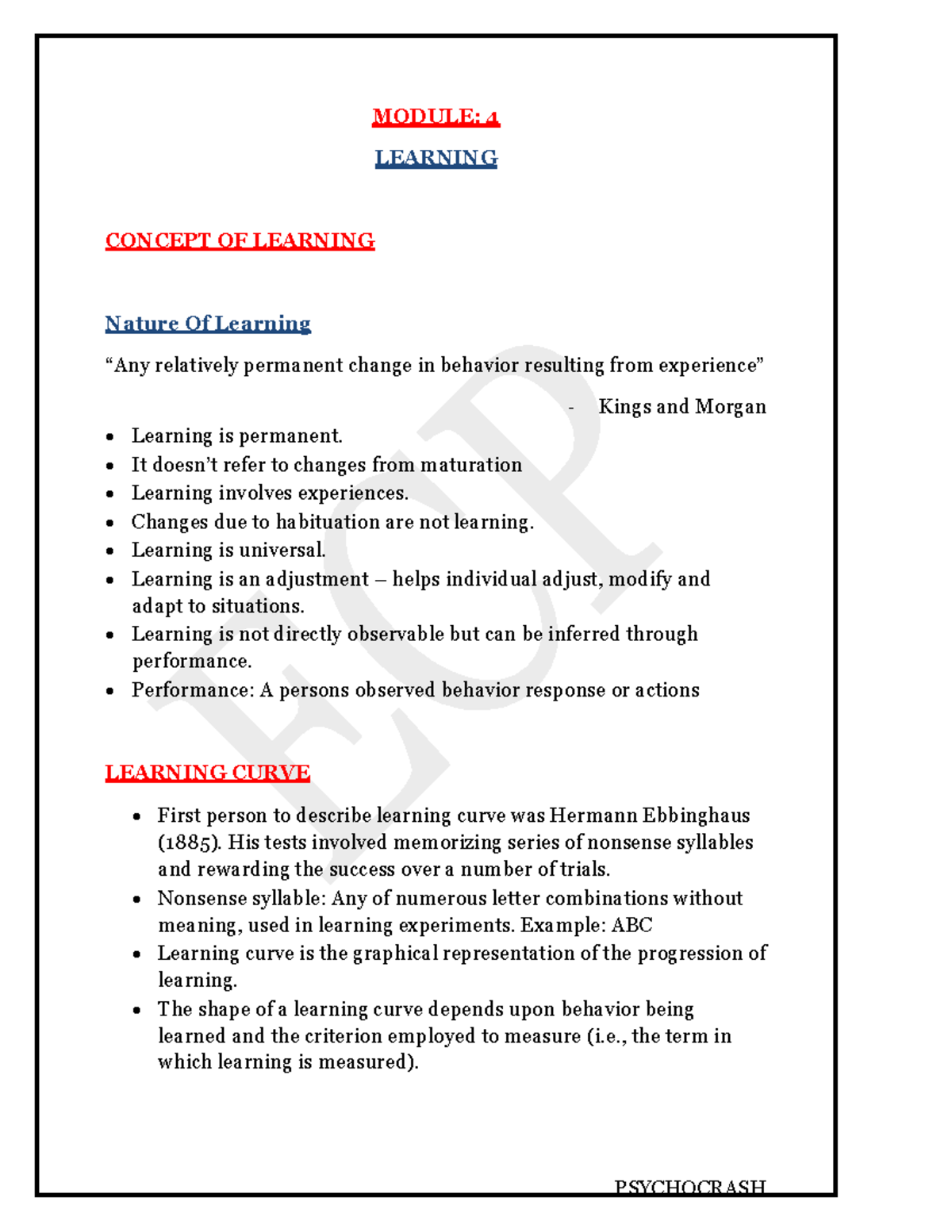 Psychology- sem1 mod4 - MODULE: 4 LEARNING CONCEPT OF LEARNING Nature Of Learning