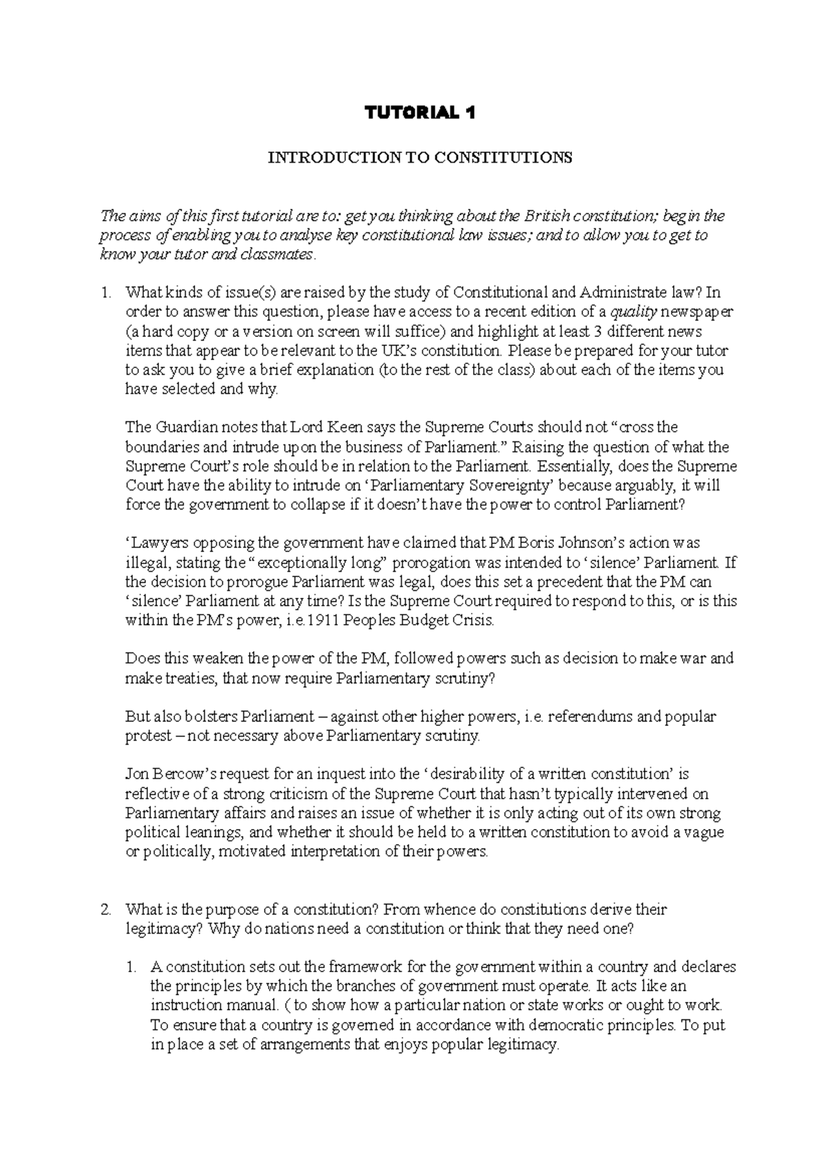 Tutorial 1 for Constitutional Law - TUTORIAL 1 INTRODUCTION TO CONSTITUTIONS The aims of this ...