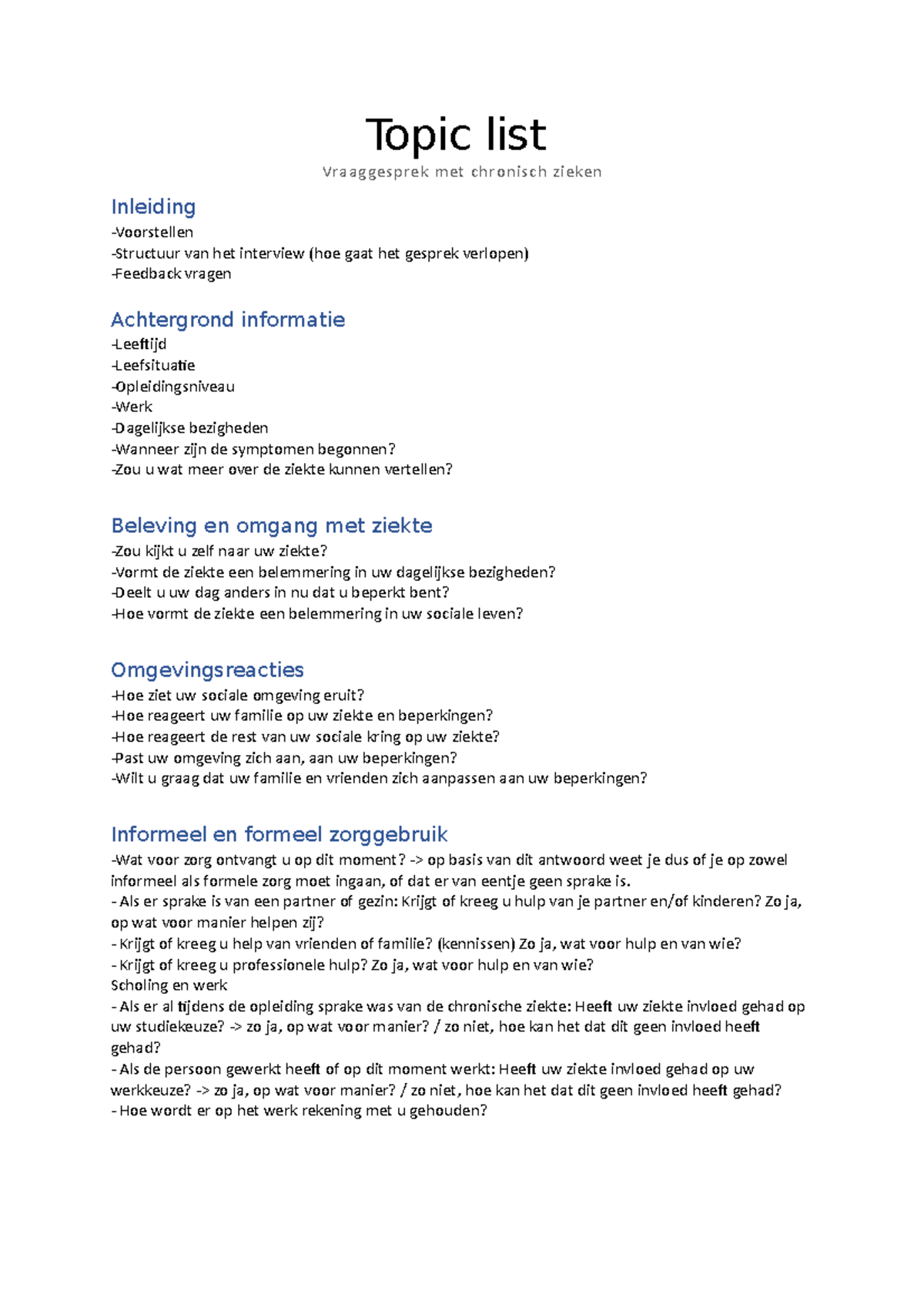 Topic list voor training vraaggesprek chronisch zieken - Topic list ...