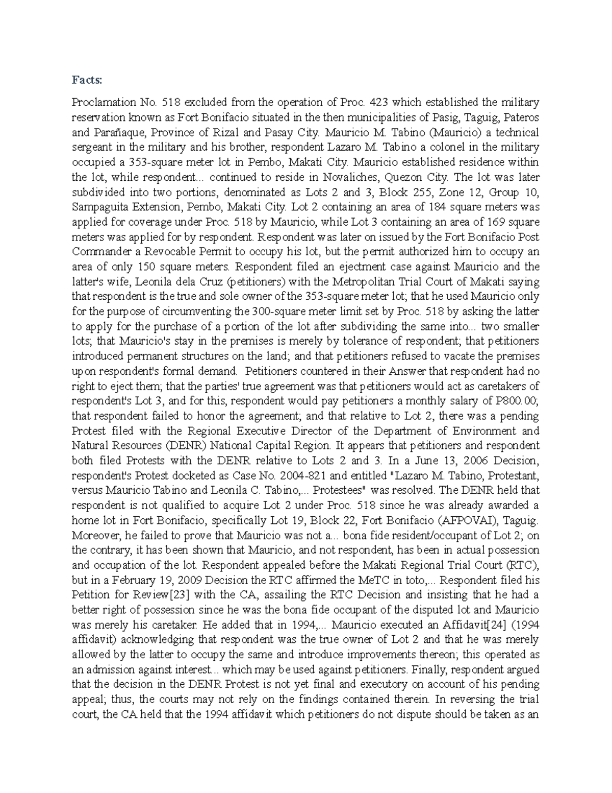 Facts - lecture - Facts: Proclamation No. 518 excluded from the ...
