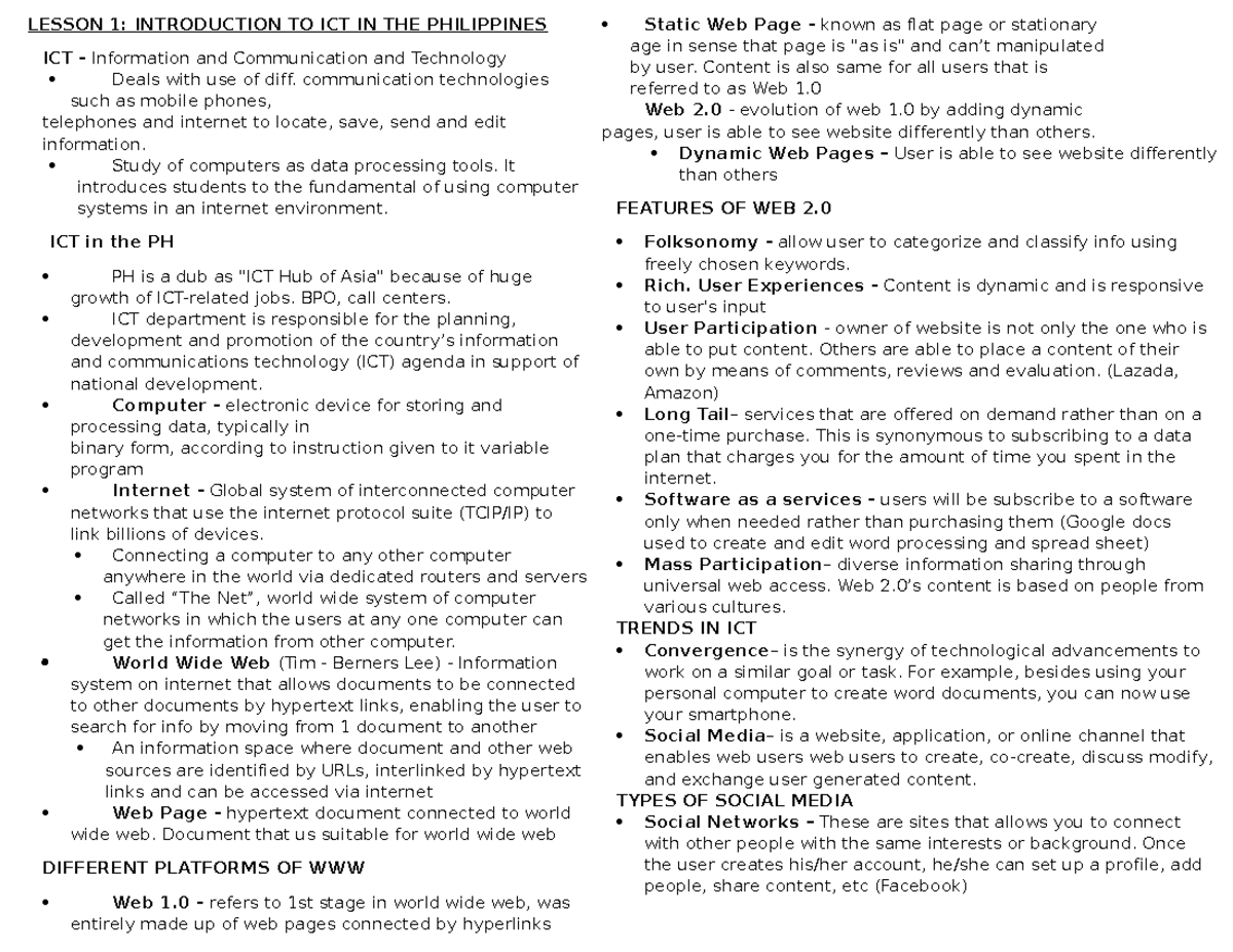 Empowerment Technology Notes - LESSON 1: INTRODUCTION TO ICT IN THE ...