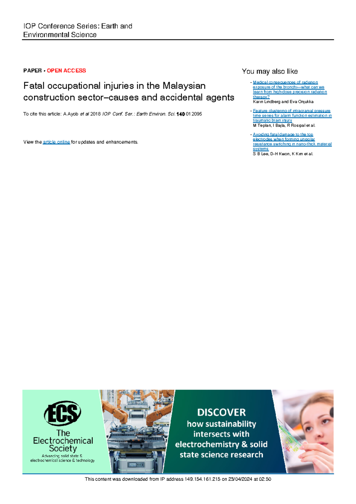 Ayob 2018 IOP Conf. Ser. Earth Environ - IOP Conference Series: Earth ...