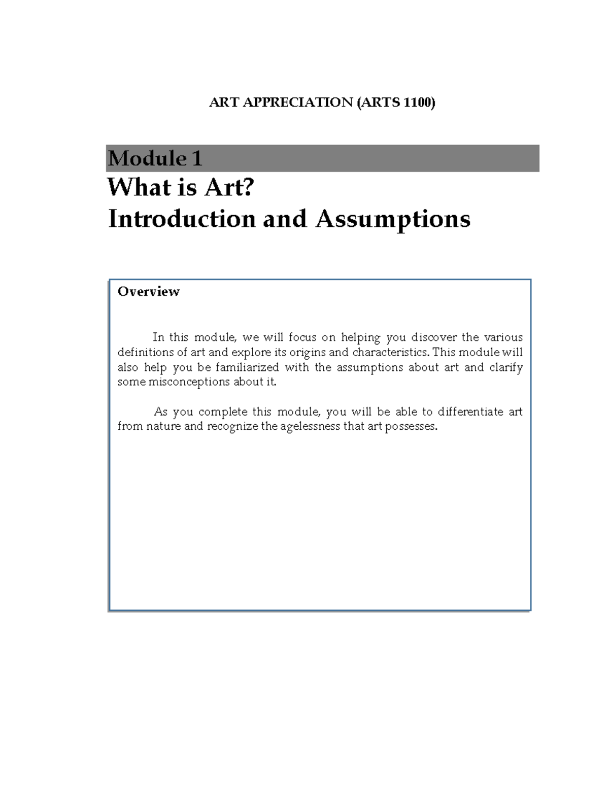 ARTS-1100 -Module-1-What-is-Art-Introduction-and-Assumptions - ART APPRECIATION (ARTS 1100 ...