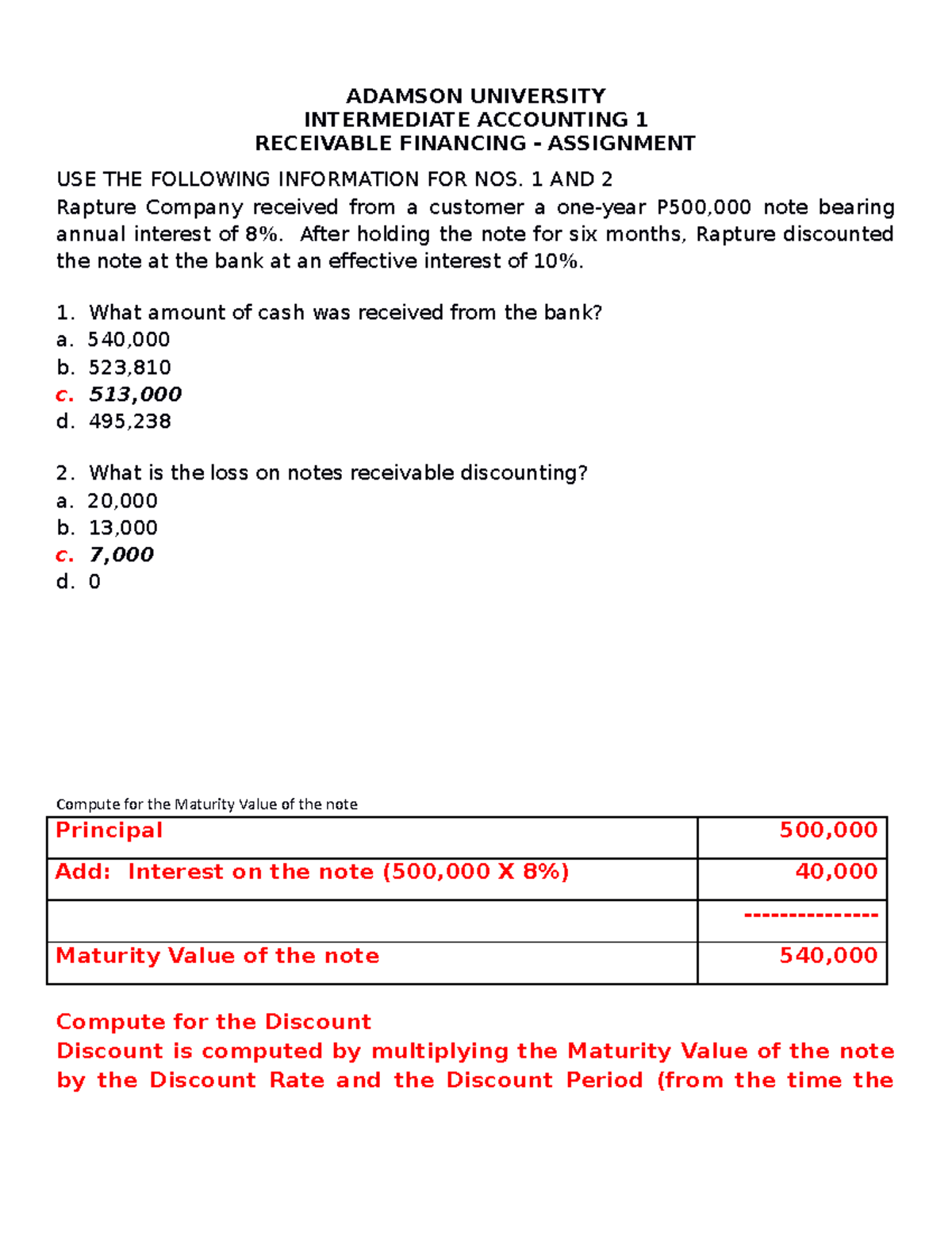 (02E) Rec Financing Assignment Answer KEY - ADAMSON UNIVERSITY ...