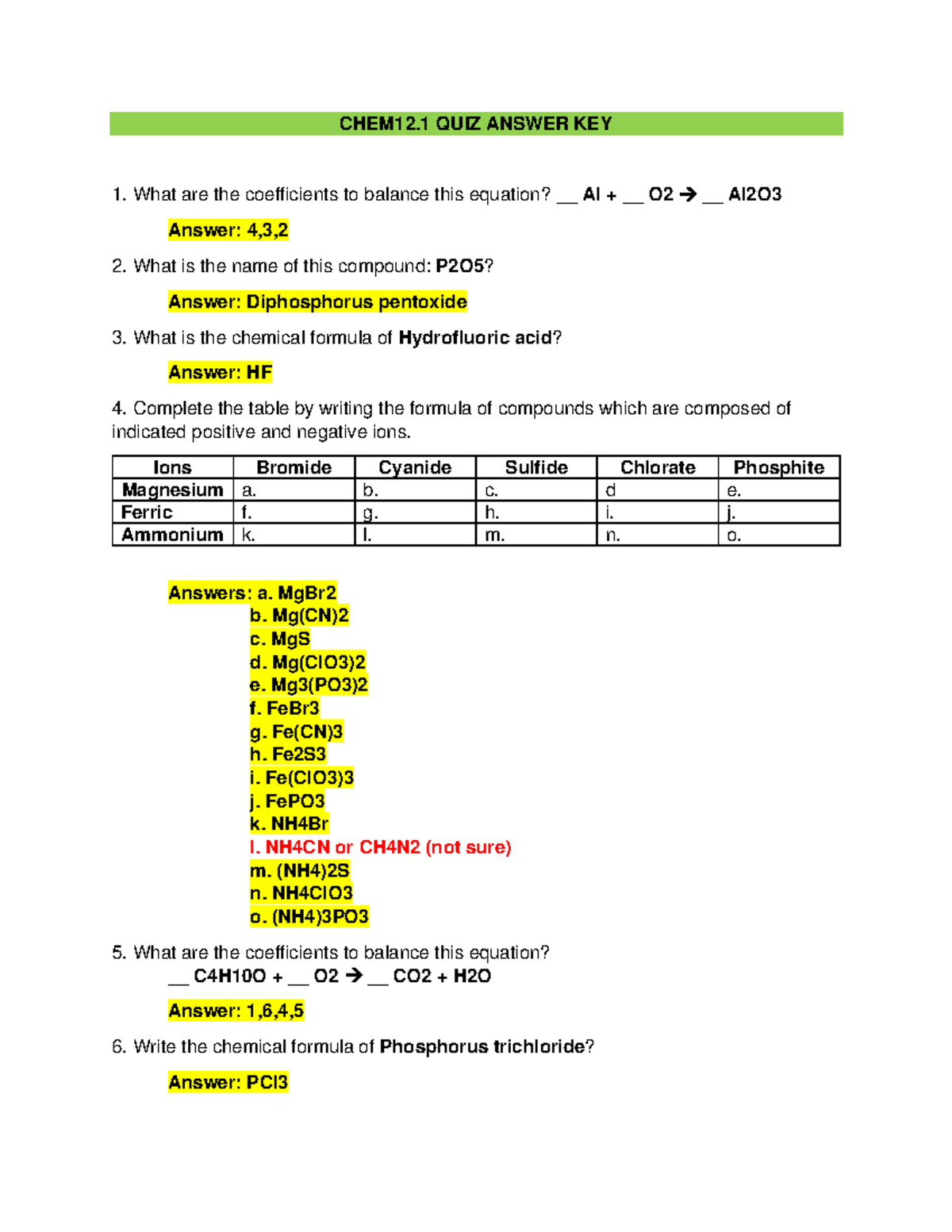 Chemlab QUIZ Answer KEY - Studocu