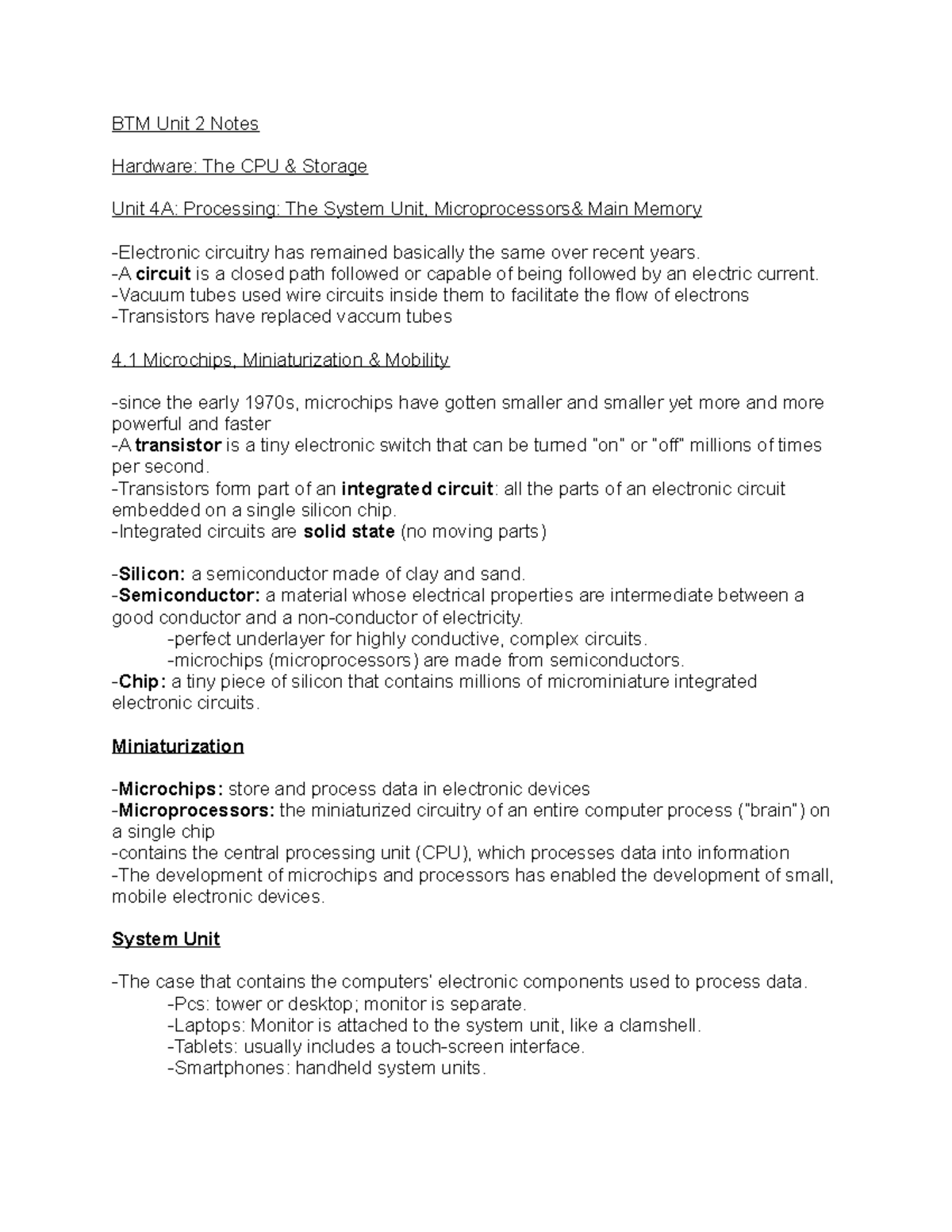 BTM Unit 2 Notes - BTM Unit 2 Notes Hardware: The CPU & Storage Unit 4A ...