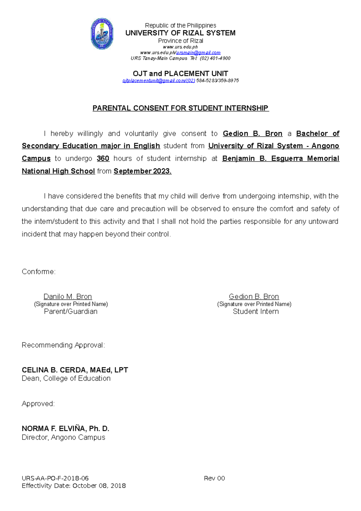 BRON Parental Consent FOR Student Internship - Republic of the ...