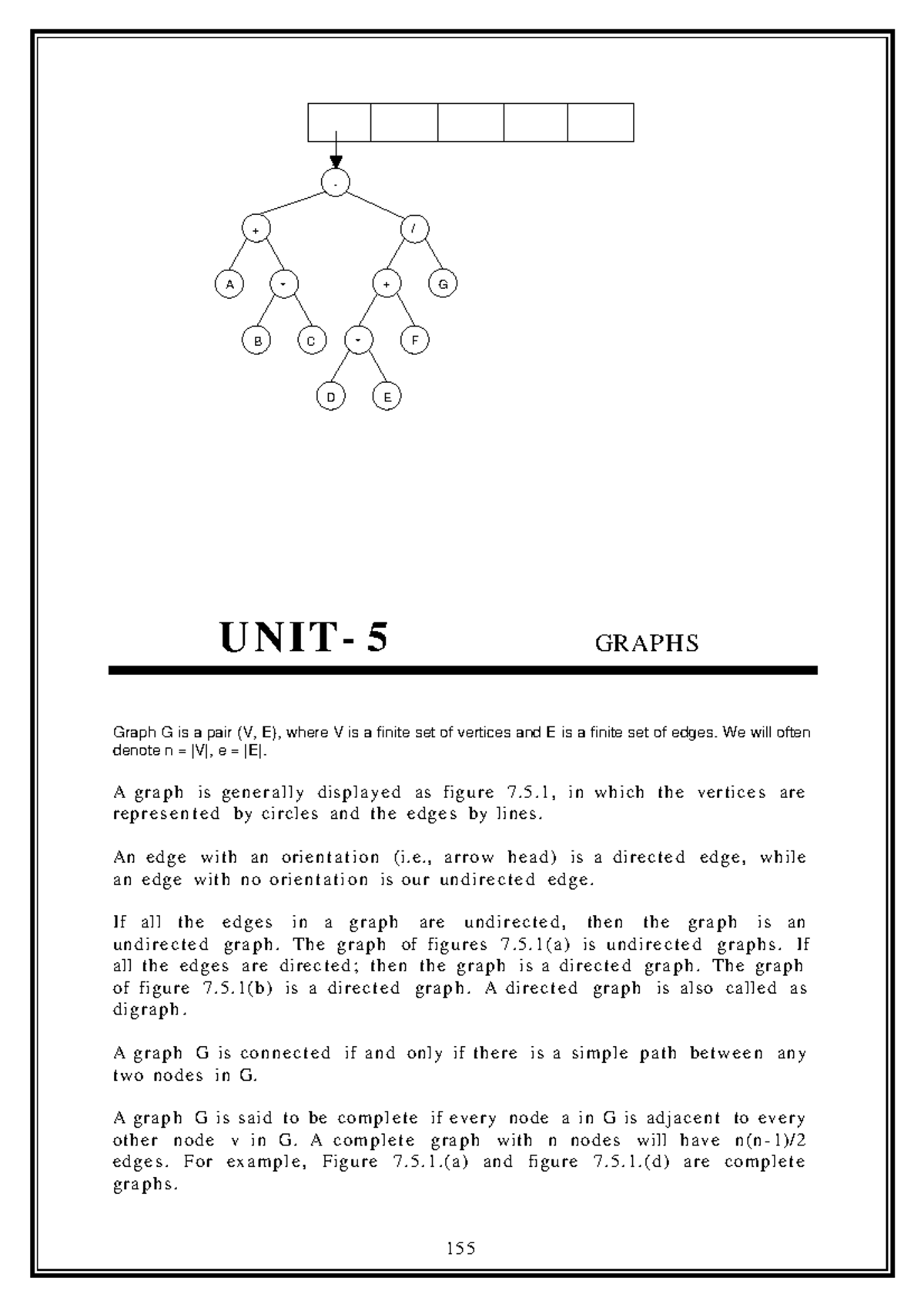 Graphs - A + B * G C + / * - + F D E UNIT- 5 GRAPHS Graph G is a pair (V, E), where V is a ...