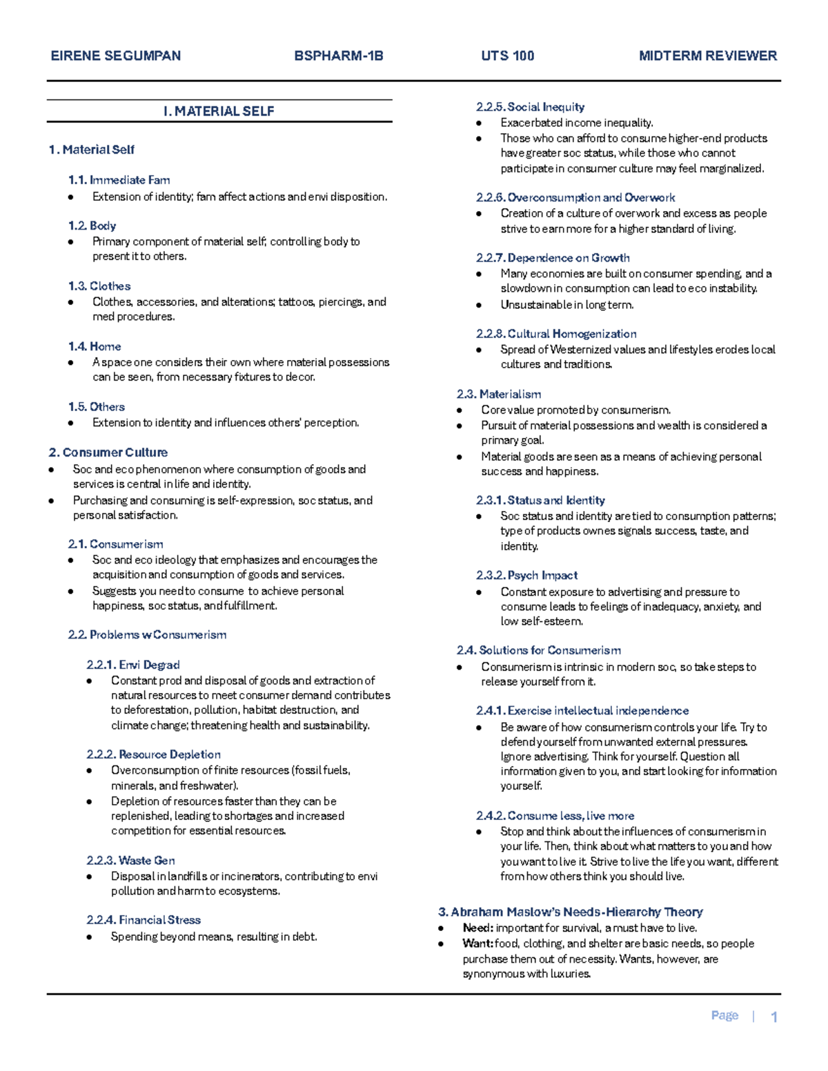 UTS 100 Midterm - Reviewer for the subject, shortened for summarized reading and less paper to ...