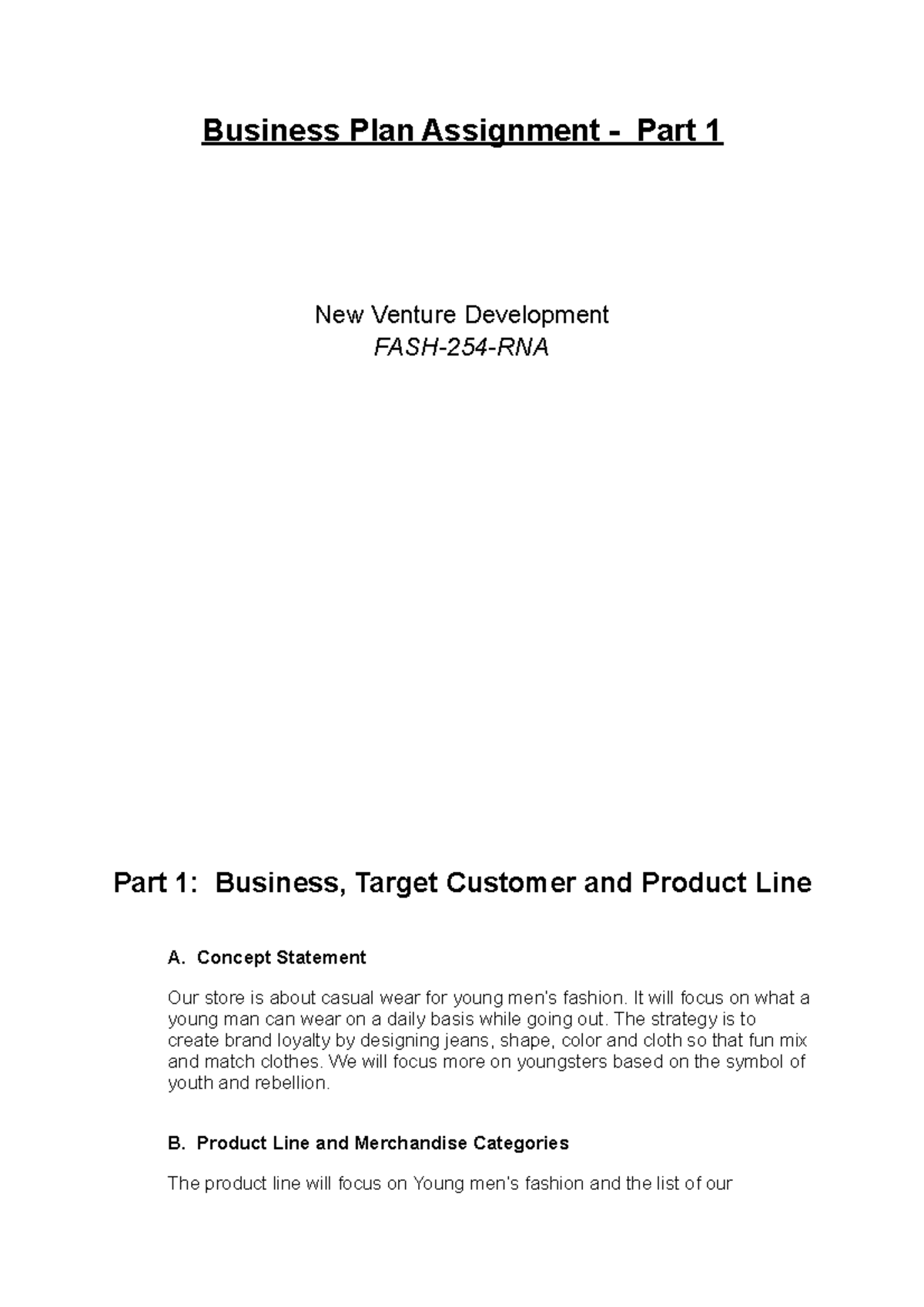 Business Plan Part 1 - Business Plan Assignment - Part 1 New Venture ...