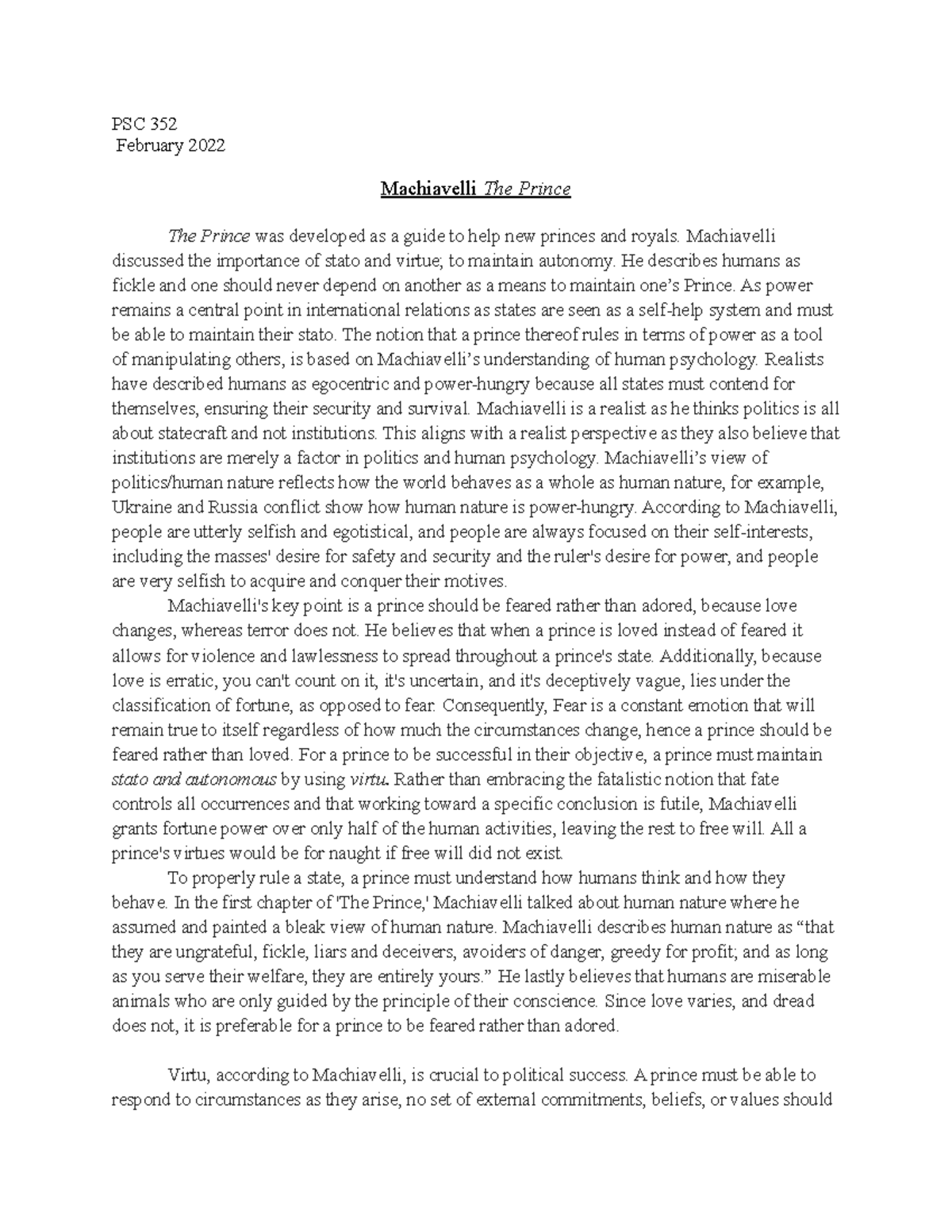 Machiavelli Analysis - PSC 352 February 2022 Machiavelli The Prince The ...