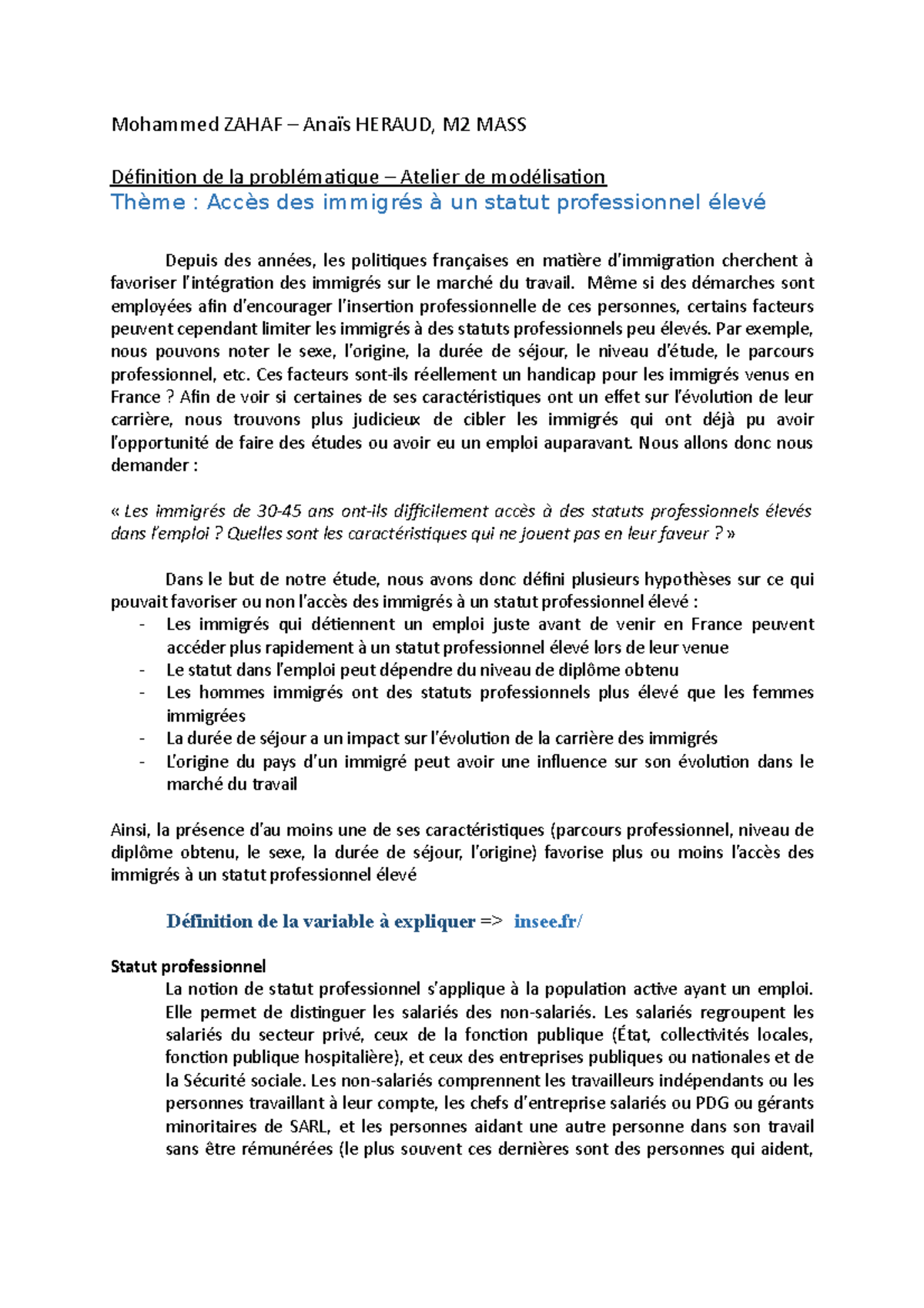 Définition de la problématique - Atelier de modélisation - Mohammed ...