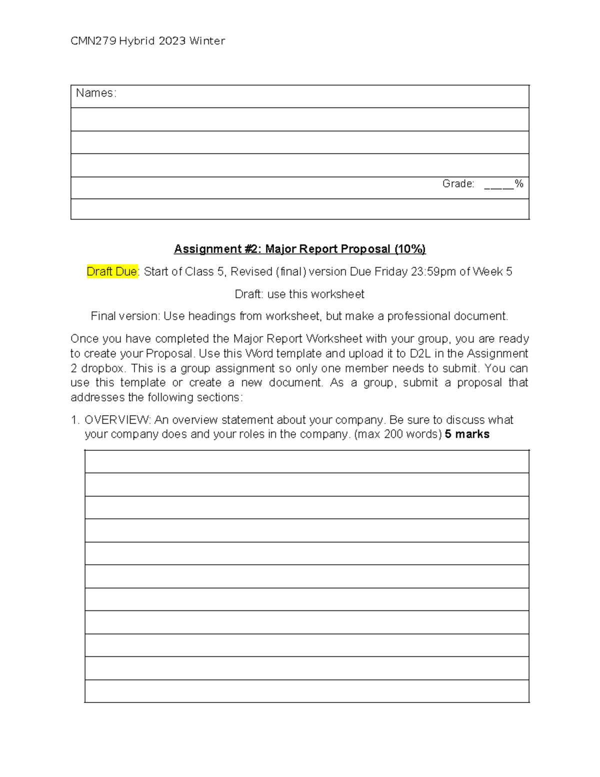 A2 Major Report Proposal Template W2023 - Names: Grade ...