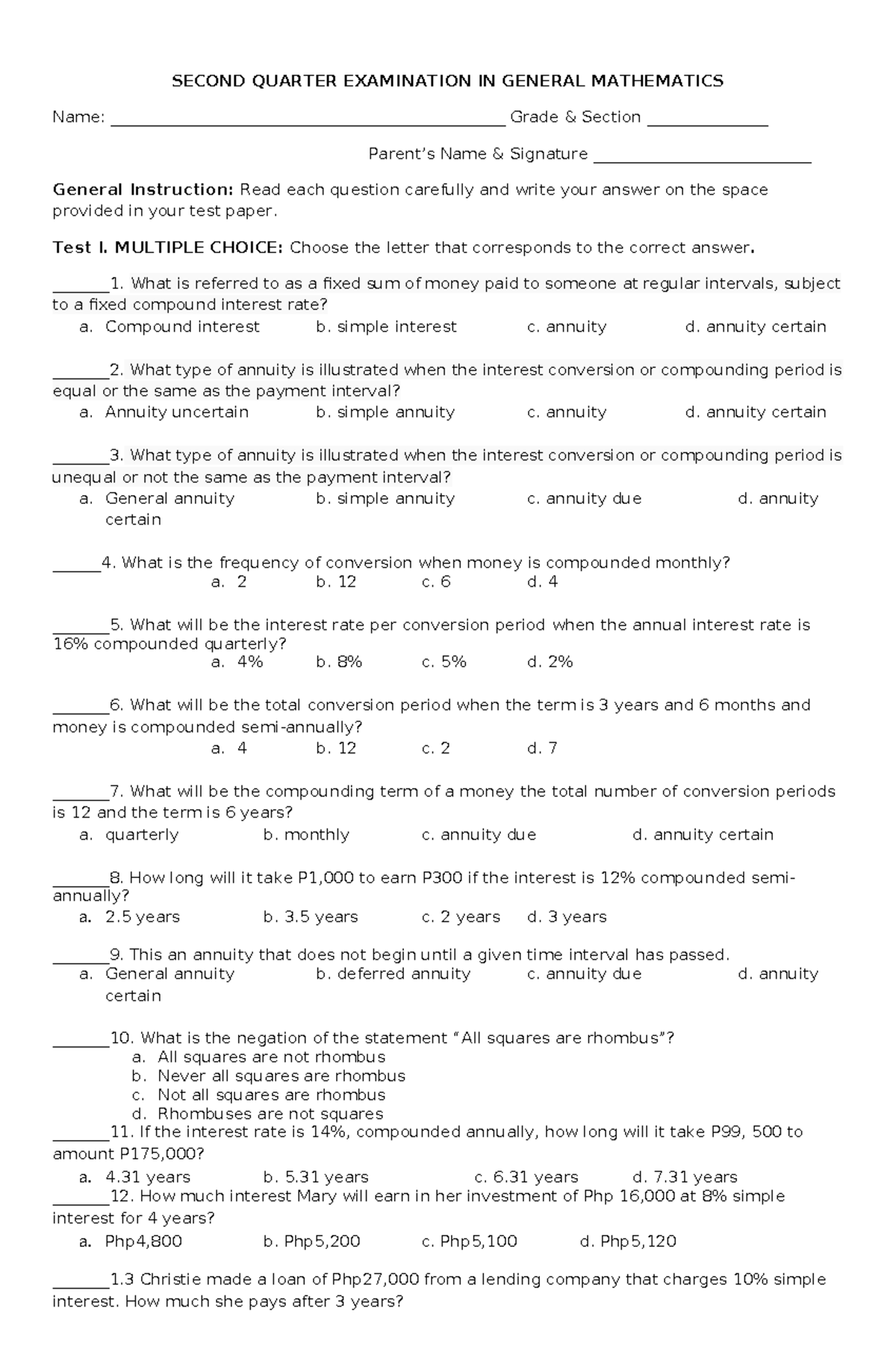2ND Quarter EXAM GEN MATH - SECOND QUARTER EXAMINATION IN GENERAL ...