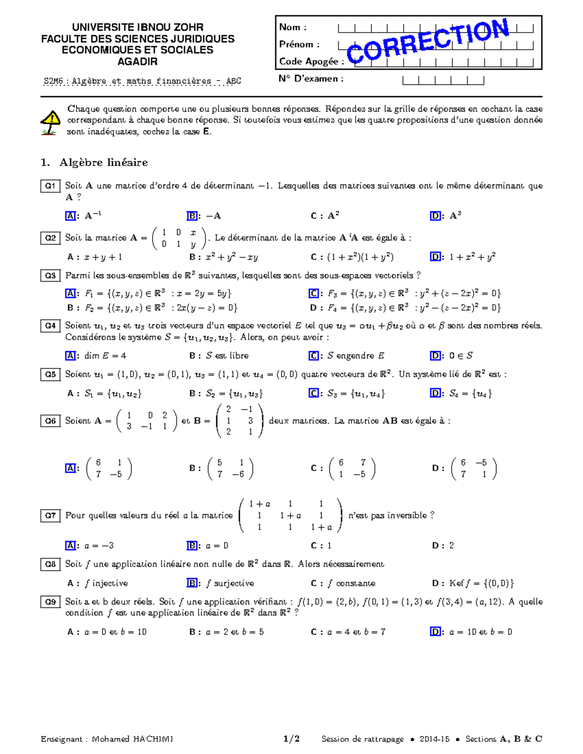 Exam S2 - session ratt - UNIVERSITE IBNOU ZOHR FACULTE DES SCIENCES ...