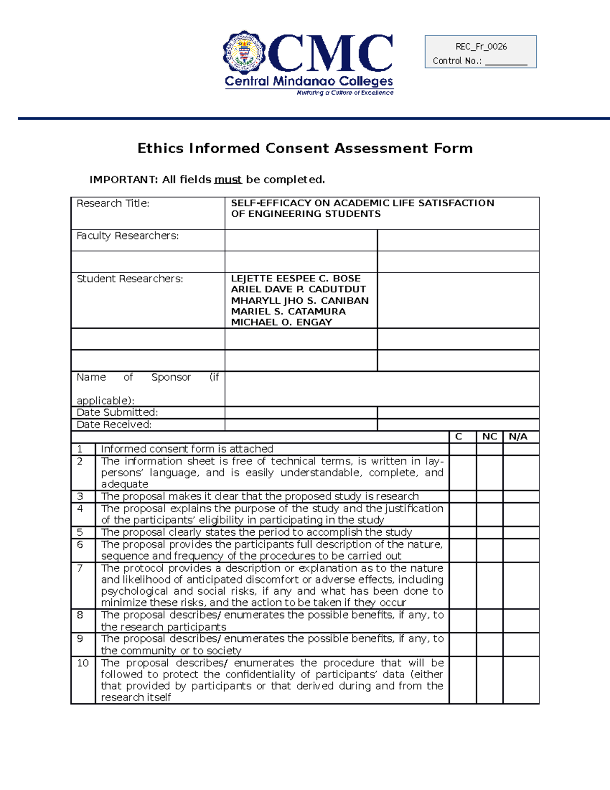 Rec Fr 0026 Ethics Informed Consent Assessment Form 2 Ethics Informed Consent Assessment Form