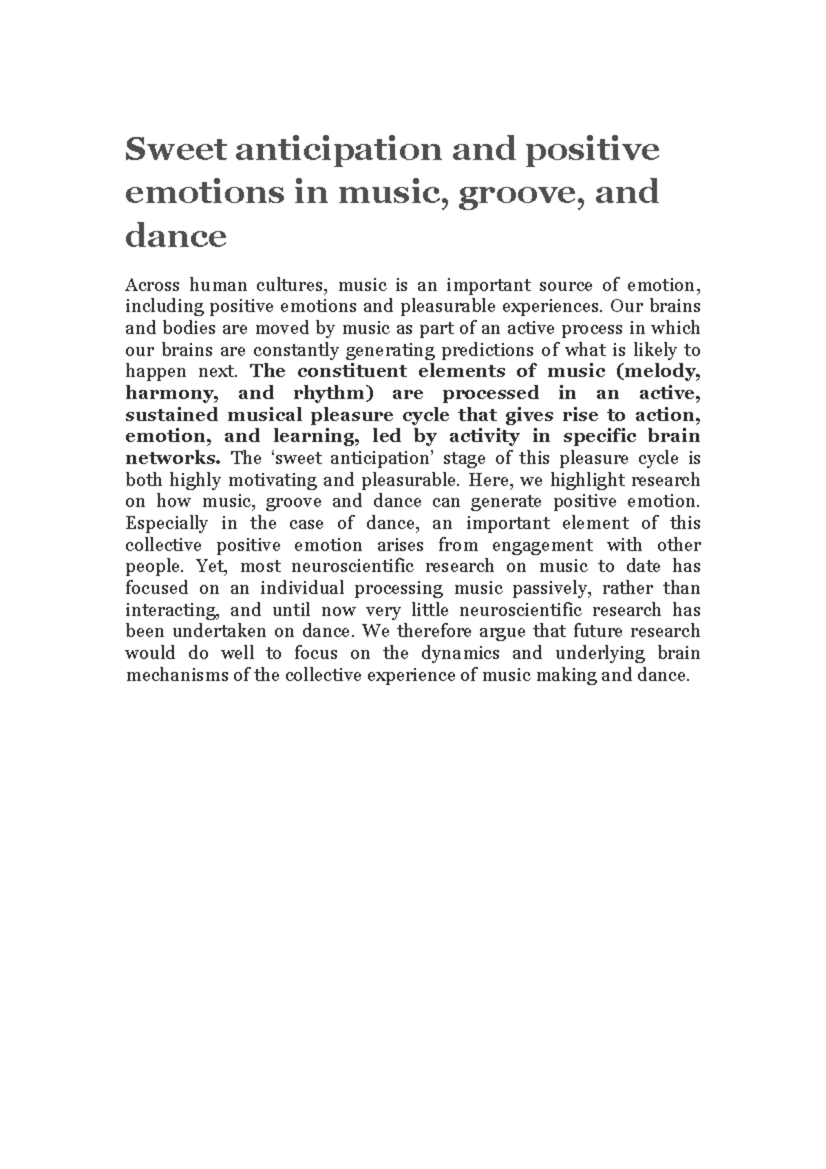 Sweet anticipation and positive emotions in music, groove, and dance ...