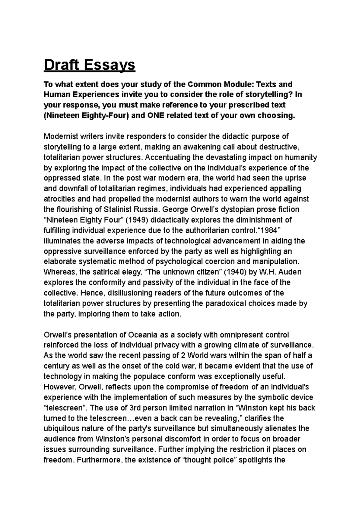 Common Module Essay Drafts - Related Text task - Draft Essays To what ...