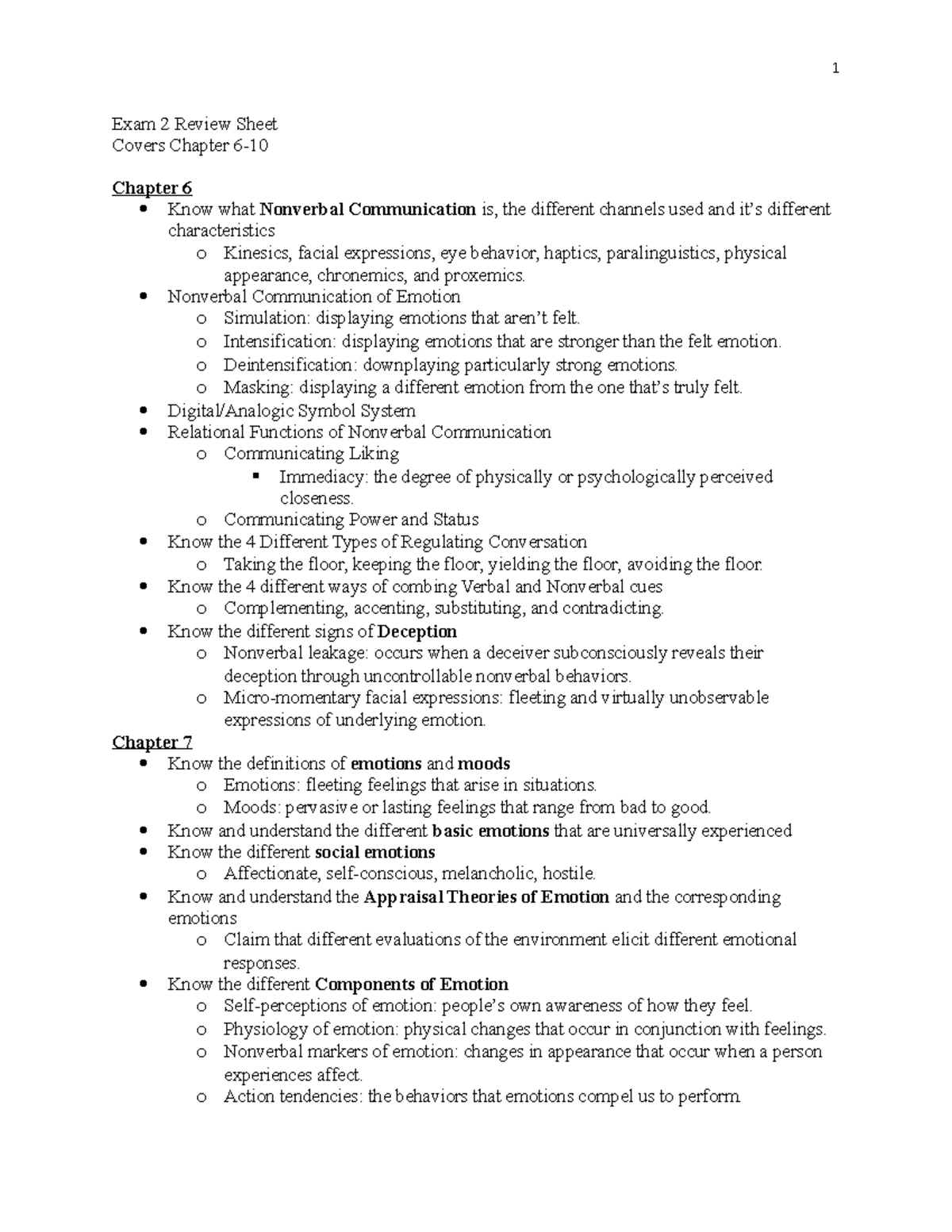 Exam 2 Review Sheet 6-10 - Exam 2 Review Sheet Covers Chapter 6 ...
