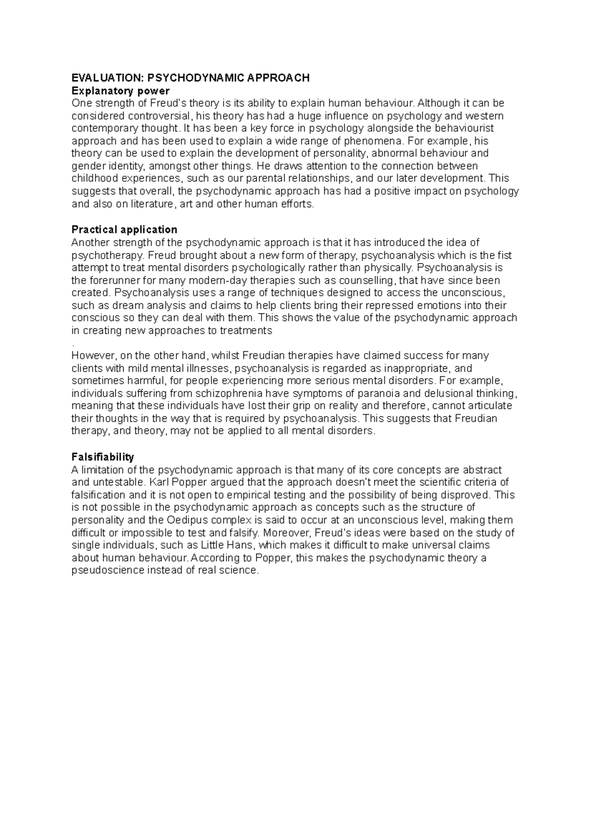 Evaluation PSYC H Approach - EVALUATION: PSYCHODYNAMIC APPROACH ...