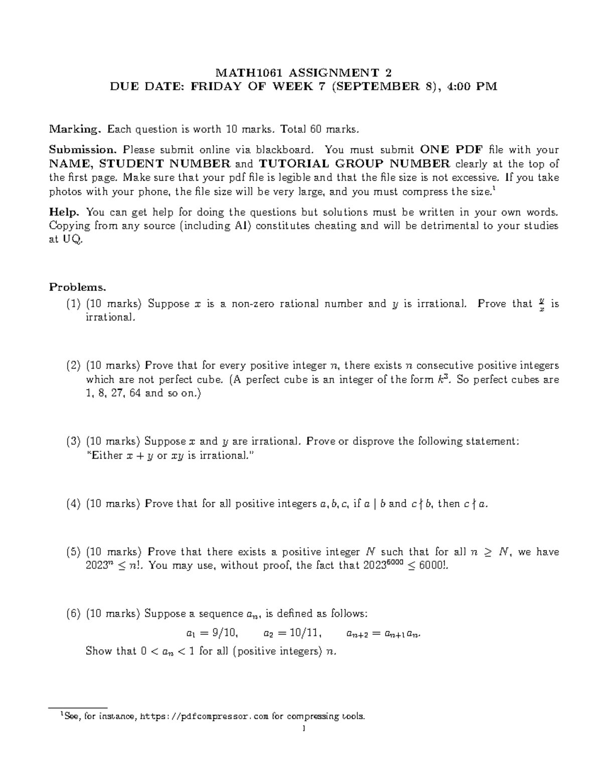 Assignment 2 - MATH1061 ASSIGNMENT 2 DUE DATE: FRIDAY OF WEEK 7 (SEPTEMBER 8), 4:00 PM Marking ...