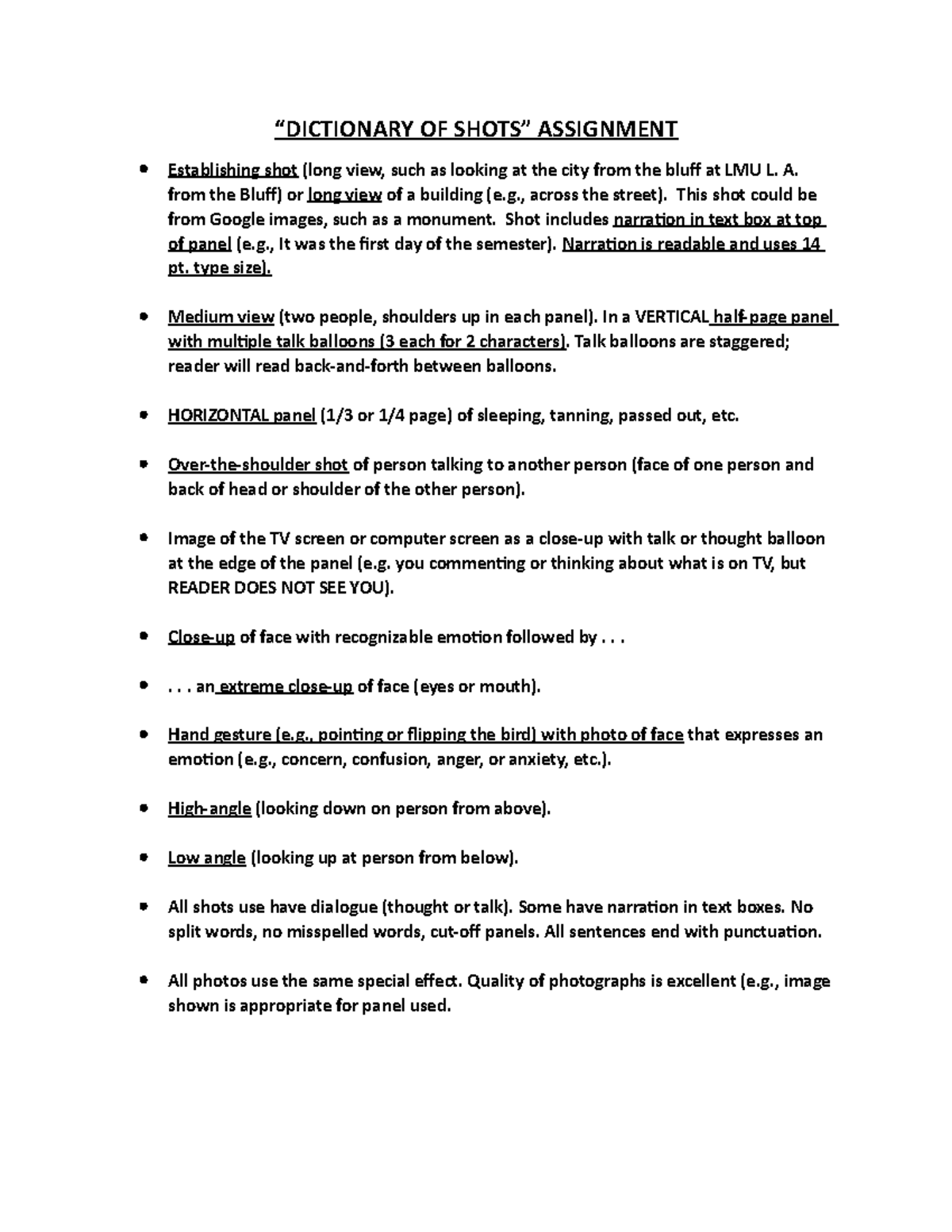 CMST 3998 Dictionary OF Shots - “DICTIONARY OF SHOTS” ASSIGNMENT ...