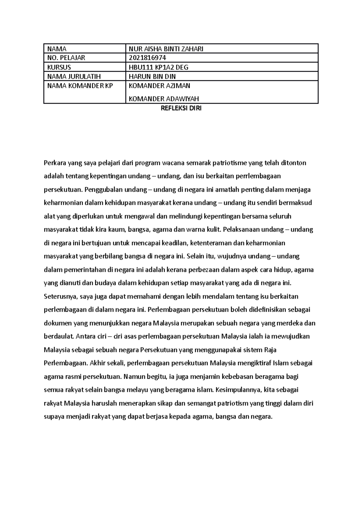 Self reflection HBU111 - Biology - UiTM - Studocu