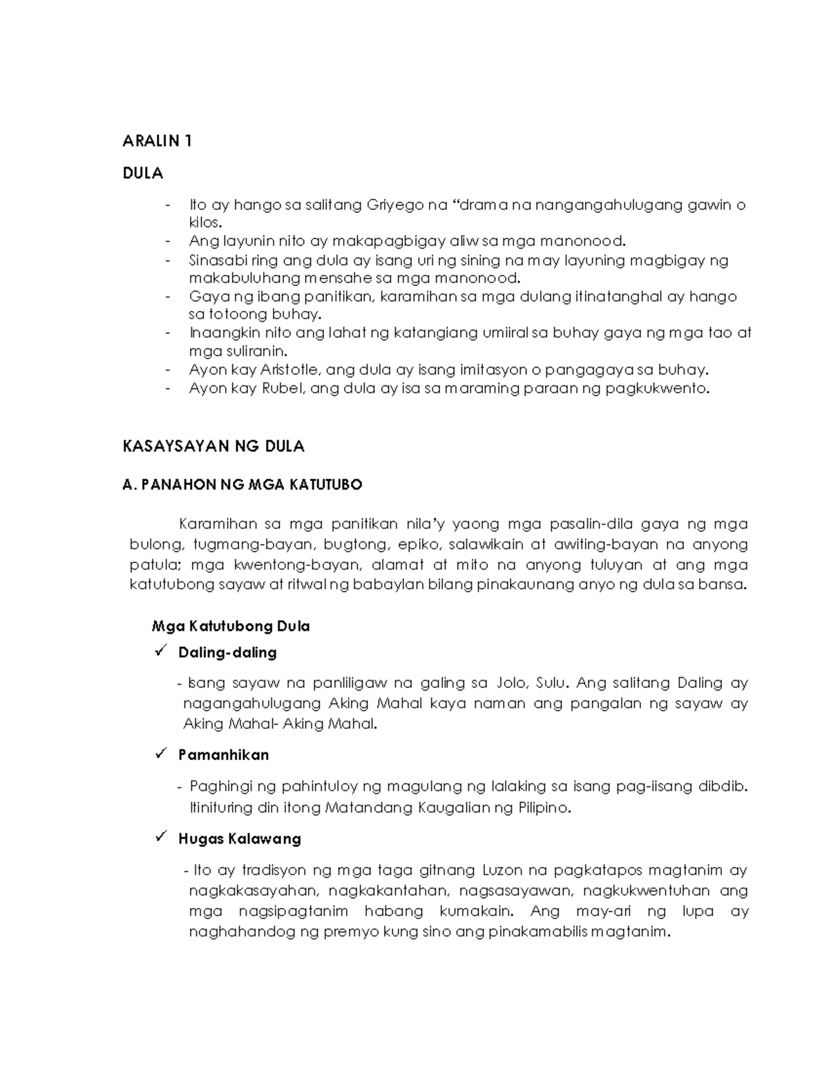 Aralin 1 - Kasaysayan ng Dula sa Iba't-ibang Panahon - ARALIN 1 DULA ...