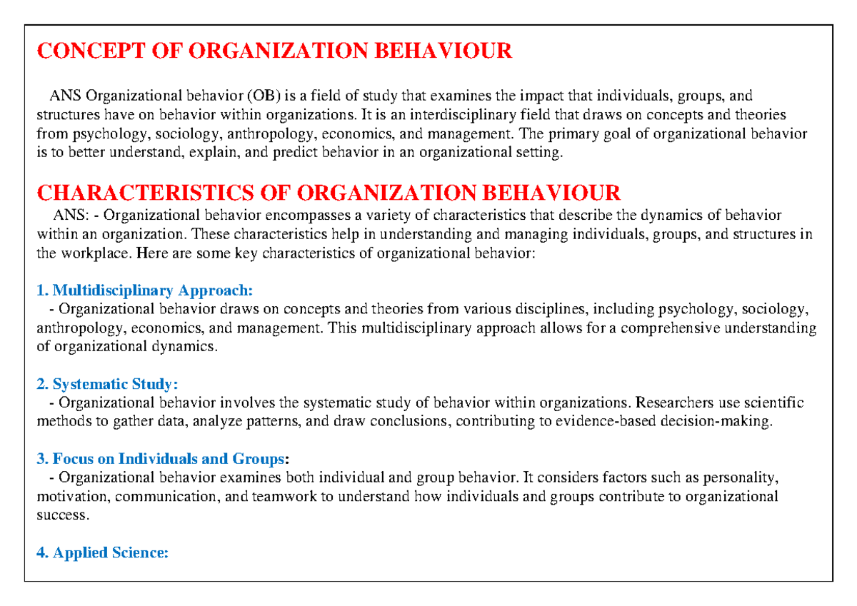 Concept OF Organization Behaviour Lesson ONE 1 - CONCEPT OF ...