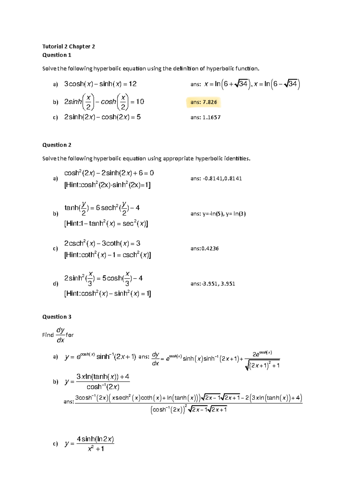 Tutorial 2 Chapter 2 - Tutorial 2 Chapter 2 Question 1 Solve the following hyperbolic equation ...