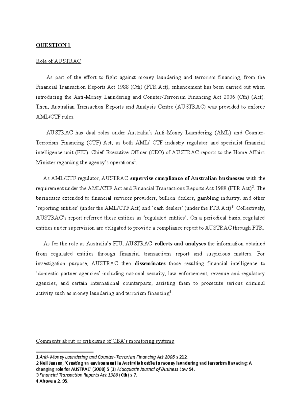LFIS-Assignment Part 2 - QUESTION 1 Role of AUSTRAC As part of the ...
