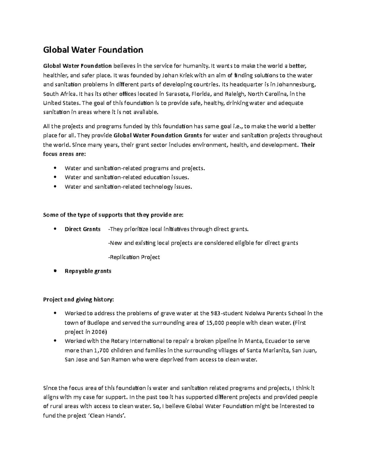 Letter of Inquiry - Mandatory Assignment - Global Water Foundation ...