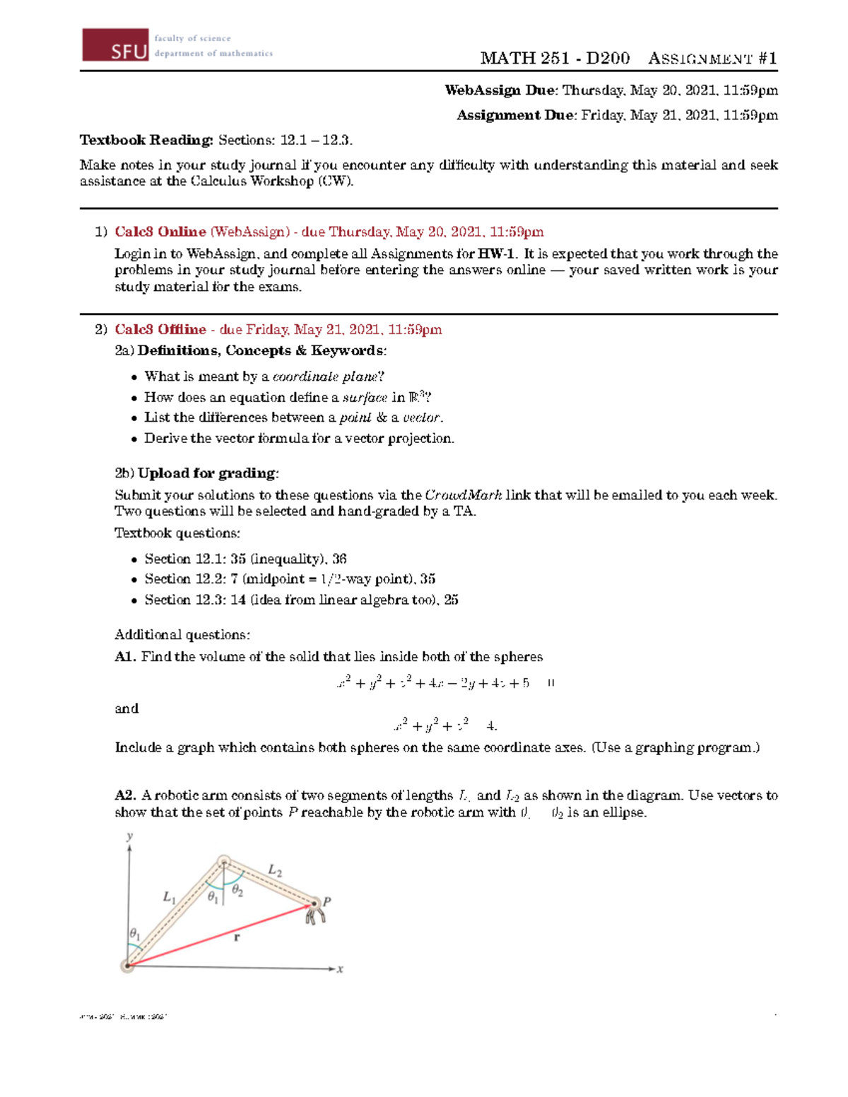 Assignment 1 - MATH 251 - D200 ASSIGNMENT# WebAssign Due : Thursday ...