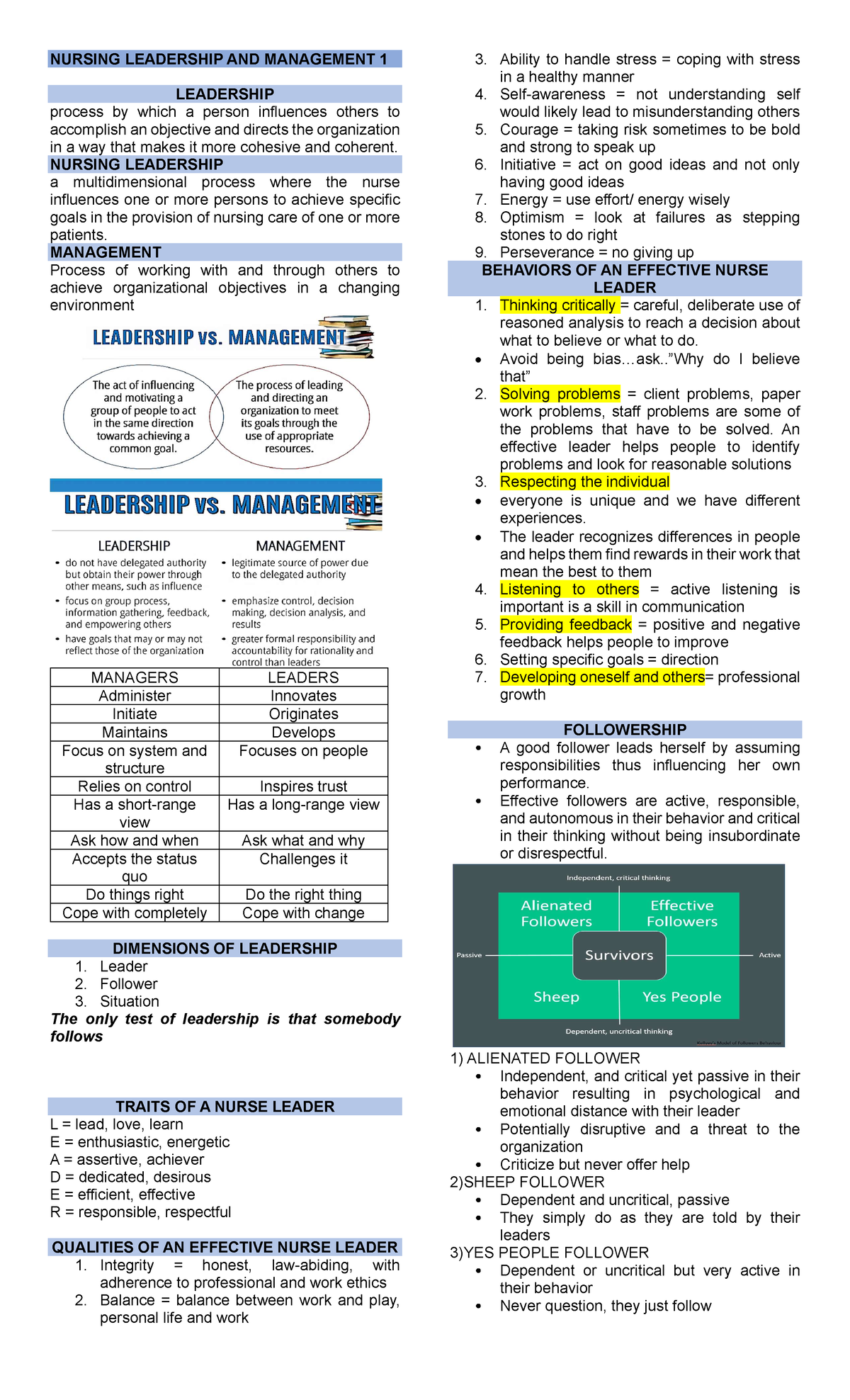 NLM 1 notes - All about leadership and management - NURSING LEADERSHIP ...