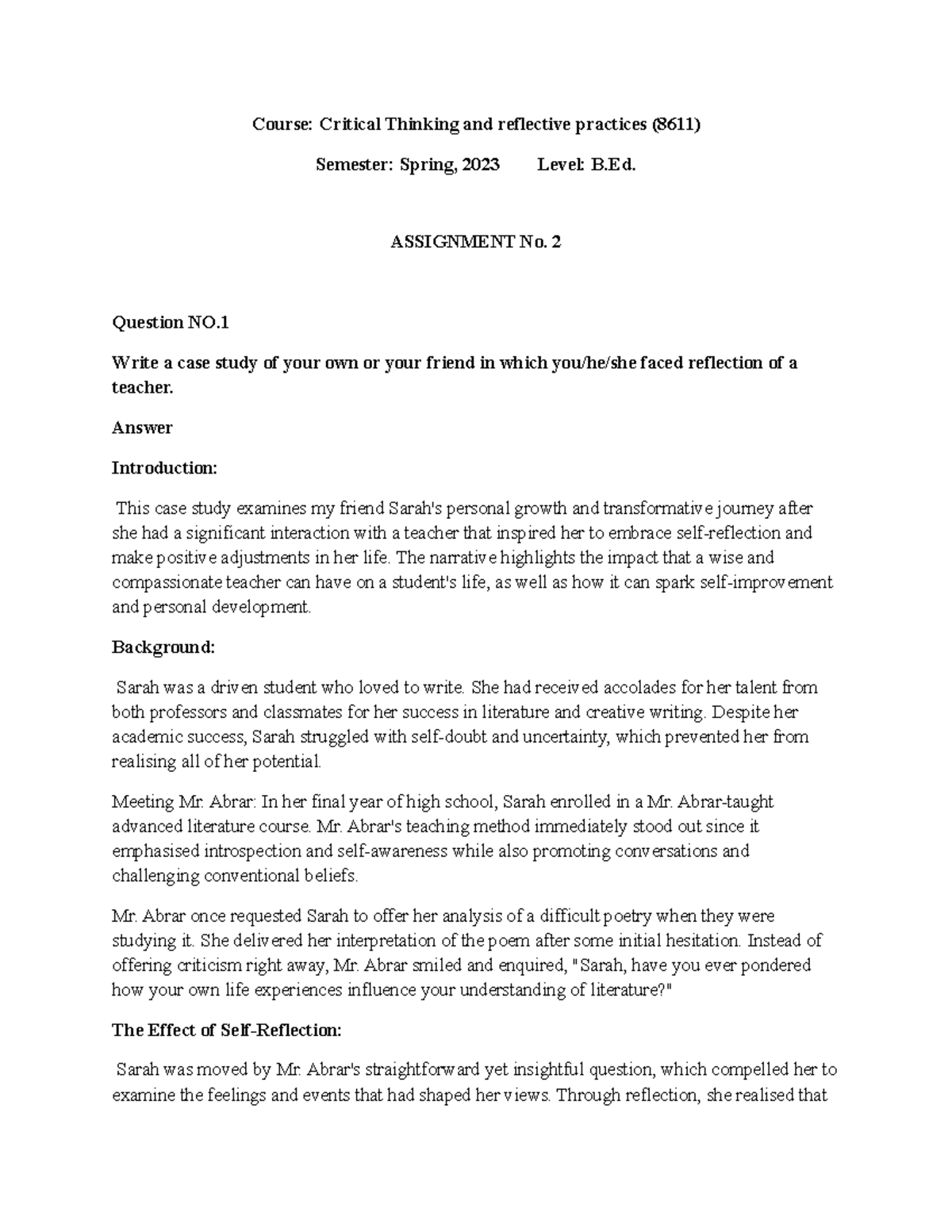 Critical thinking(8611)-2 - Course: Critical Thinking and reflective practices (8611) Semester ...