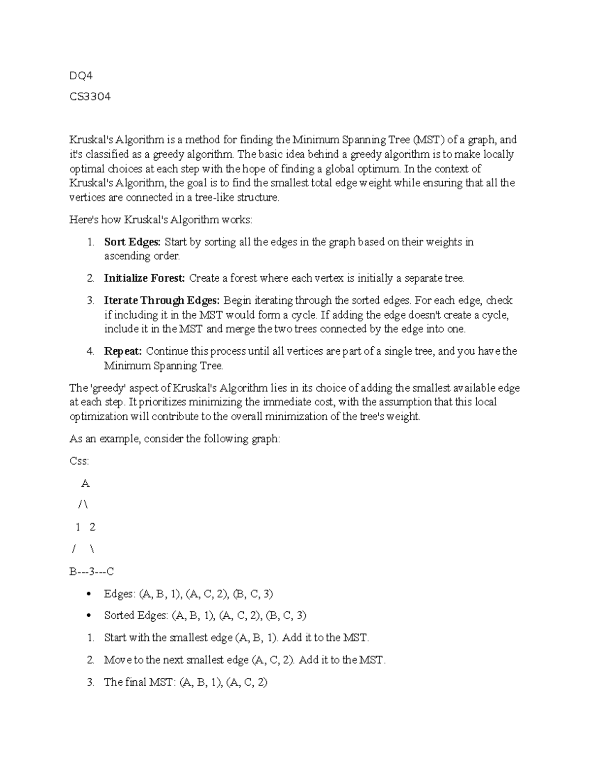 Cs3304dq4 Assignment Dq Cs Kruskals Algorithm Is A Method For Finding The Minimum Spanning 