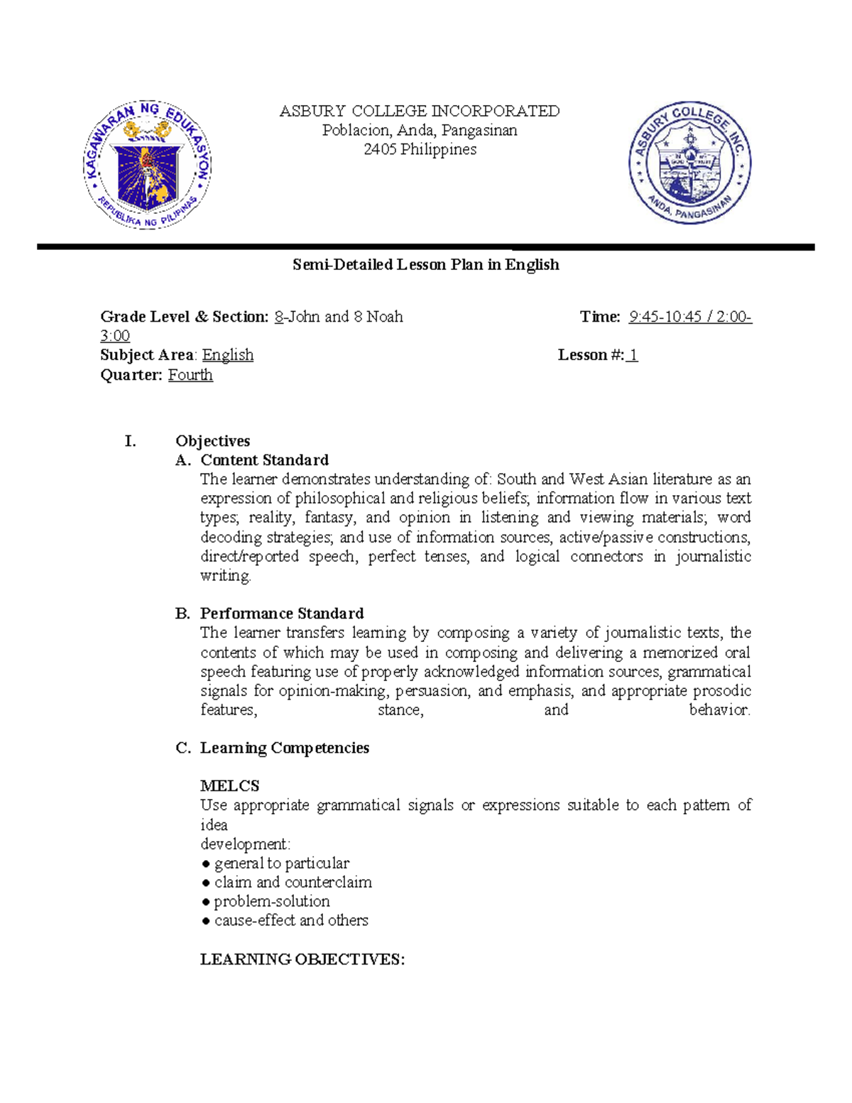 Grade 8 Q4 Module 1 SDLP - ASBURY COLLEGE INCORPORATED Poblacion, Anda ...