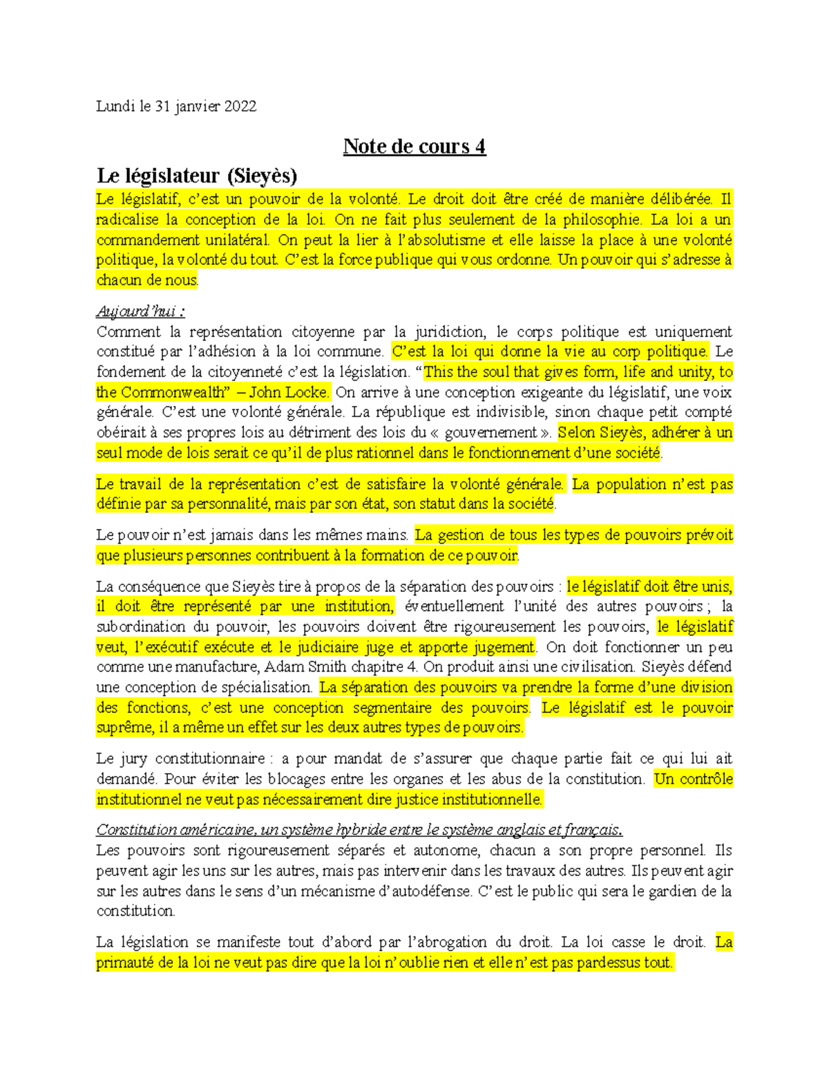 Poldrt - note de cours 4 - Lundi le 31 janvier 2022 Note de cours 4 Le législateur (Sieyès) Le ...