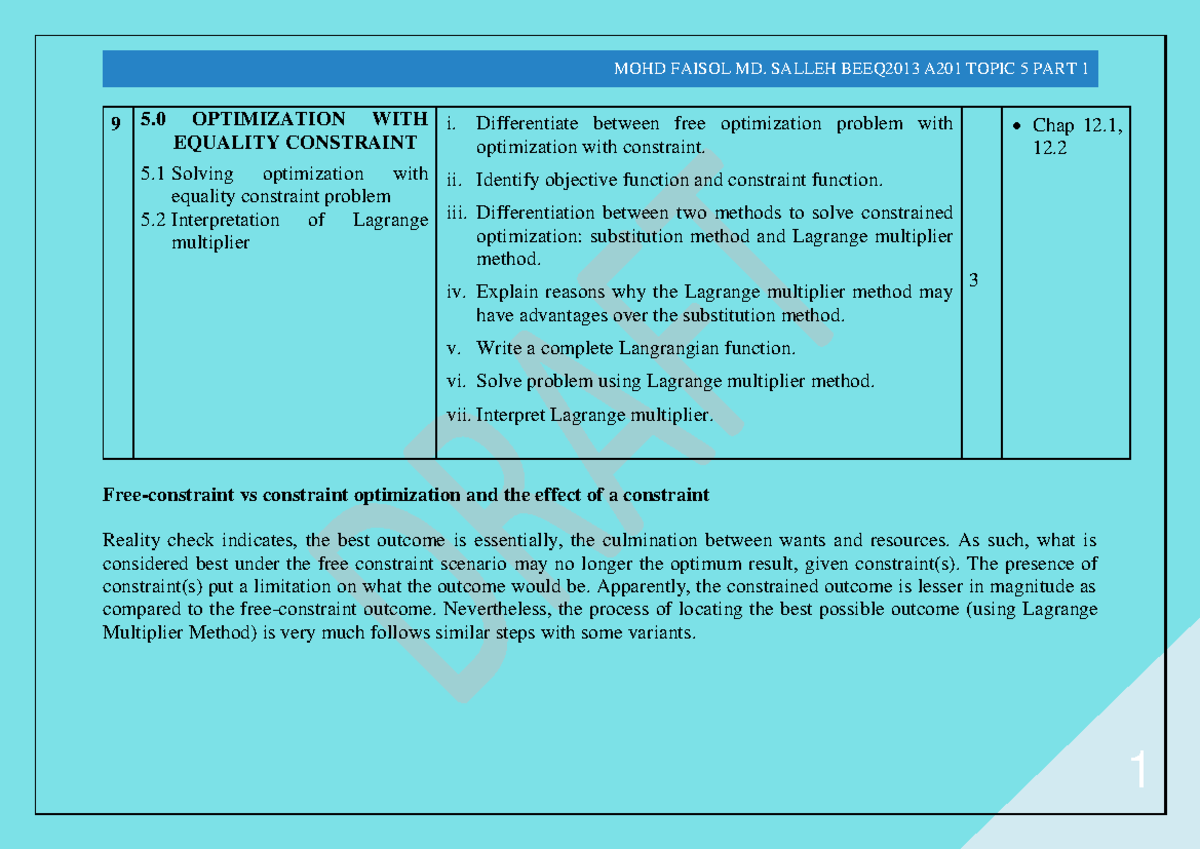 Topic 5 Part1 - Free - 9 5 OPTIMIZATION WITH EQUALITY CONSTRAINT 5 Solving optimization with ...